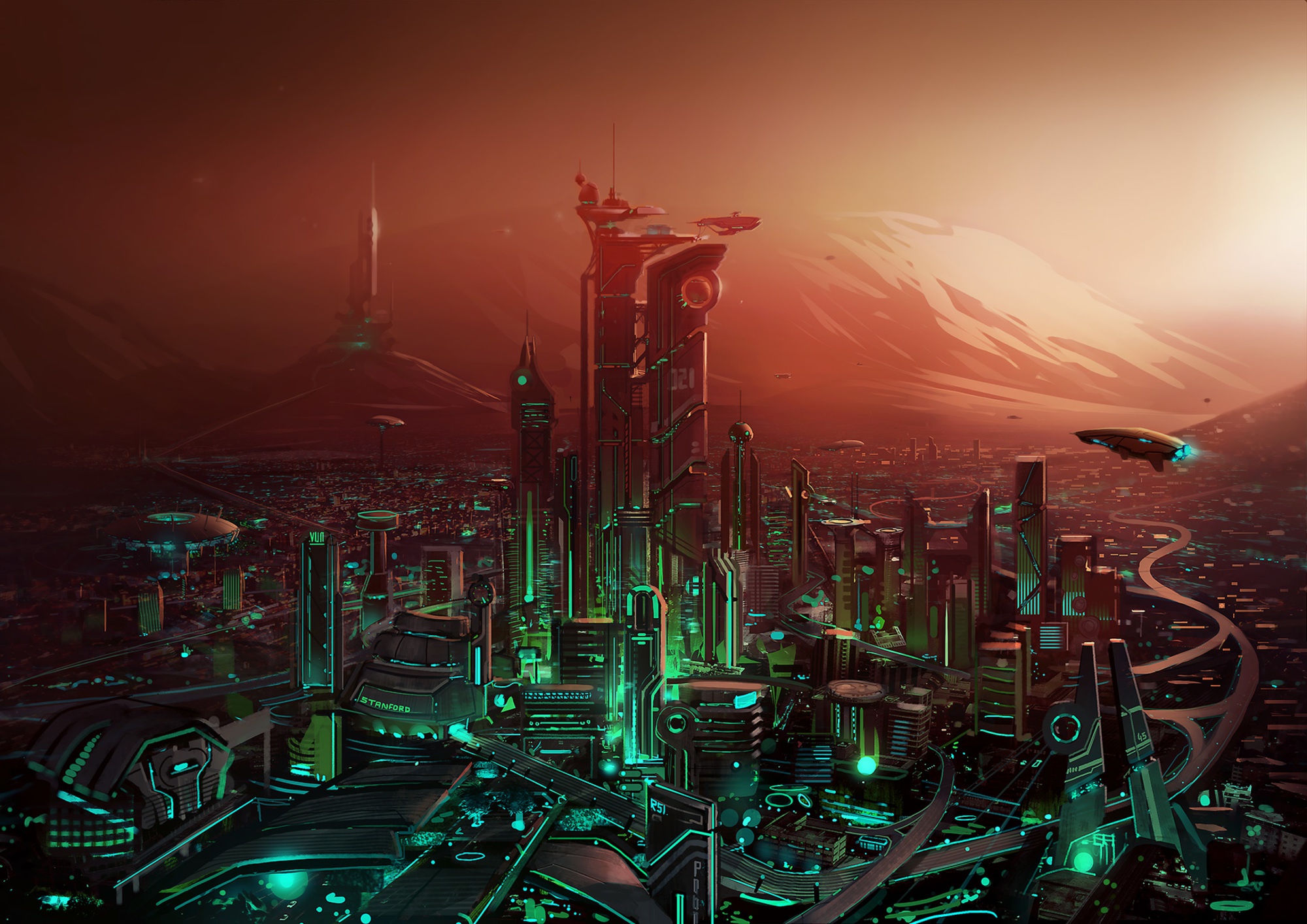 Futuristic Sci-Fi Cityscape: Neon Skyscrapers in a Dystopian HD Wallpaper by Samuel Aaron