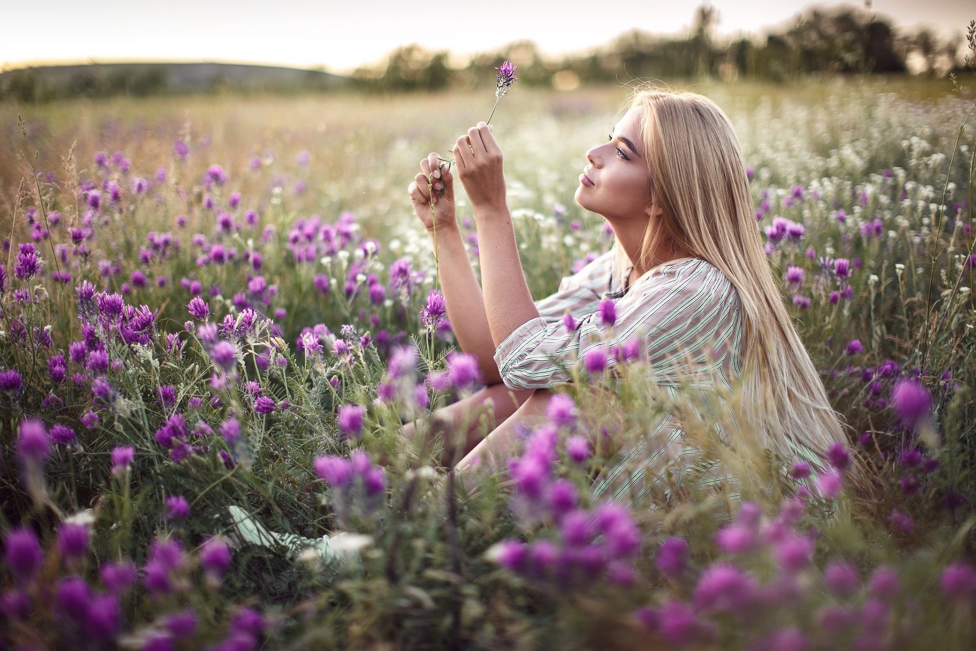 Download Mood Purple Hair Long Hair Blonde Flower Summer Woman Model HD ...