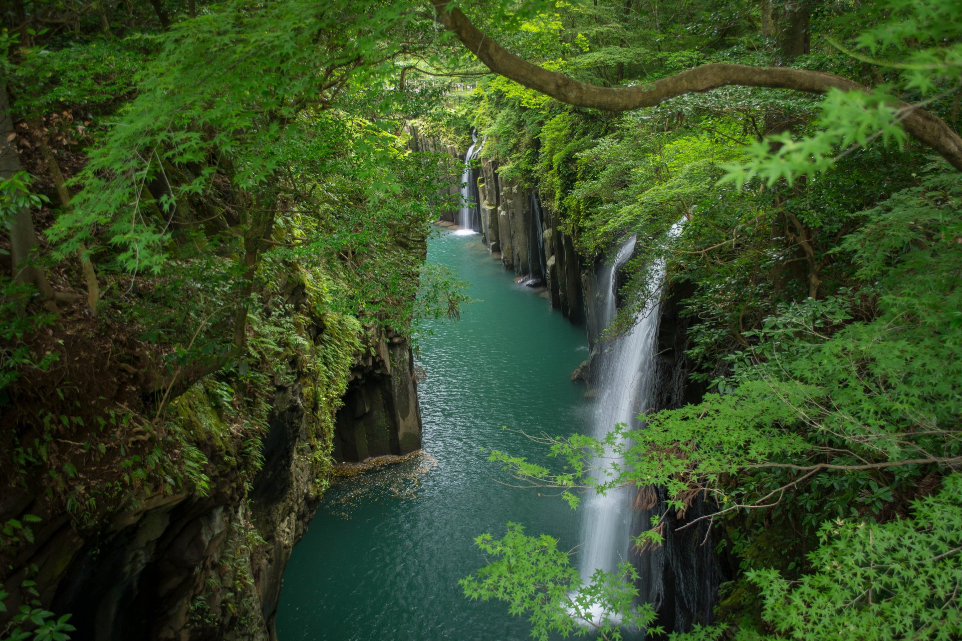 Serene Waterfall and River Amid Lush Greenery in Japan – HD Nature ...