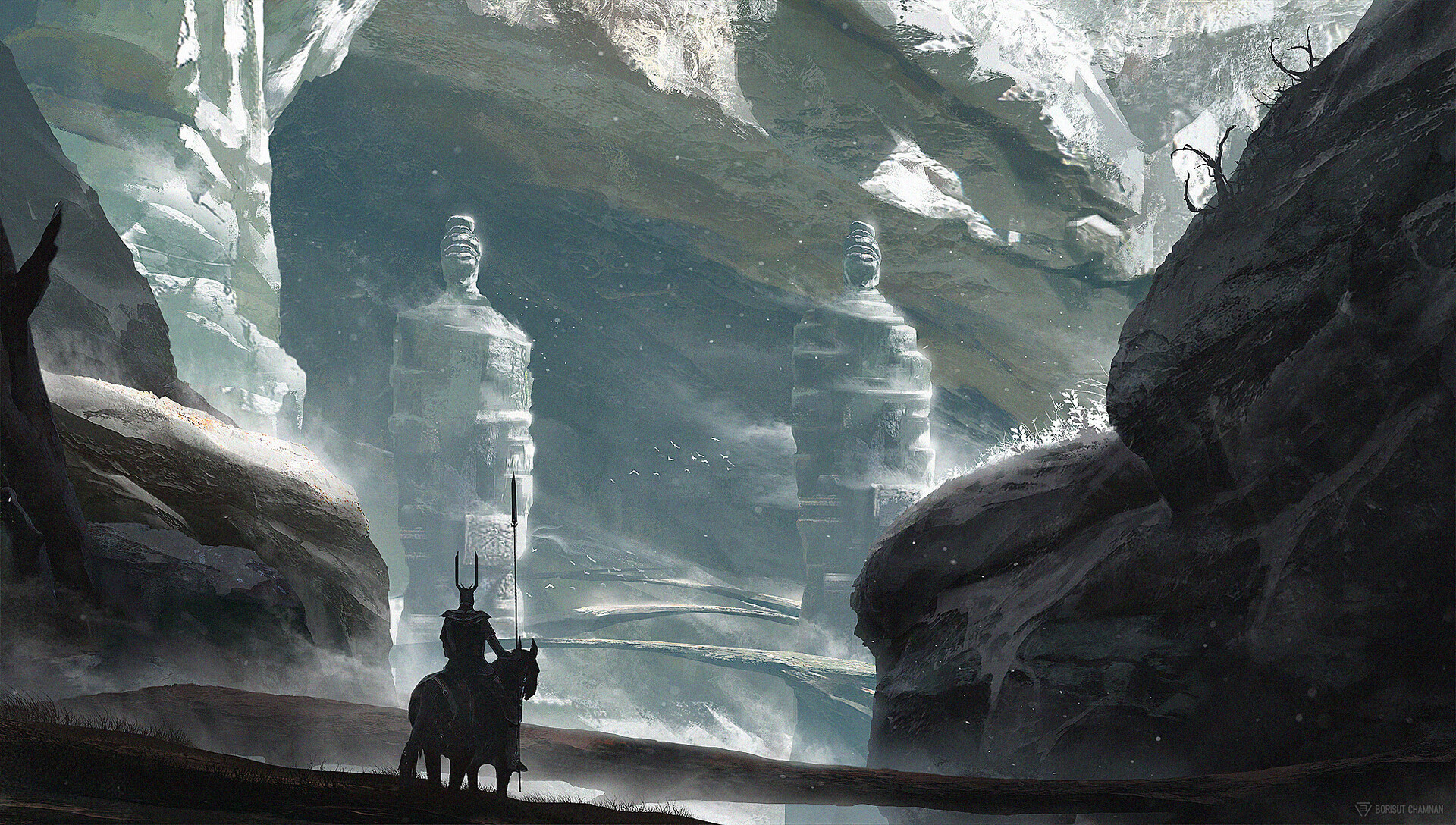 Epic Fantasy Warrior and Horse in Mystical Cave Landscape – HD Wallpaper by Borisut Chamnan
