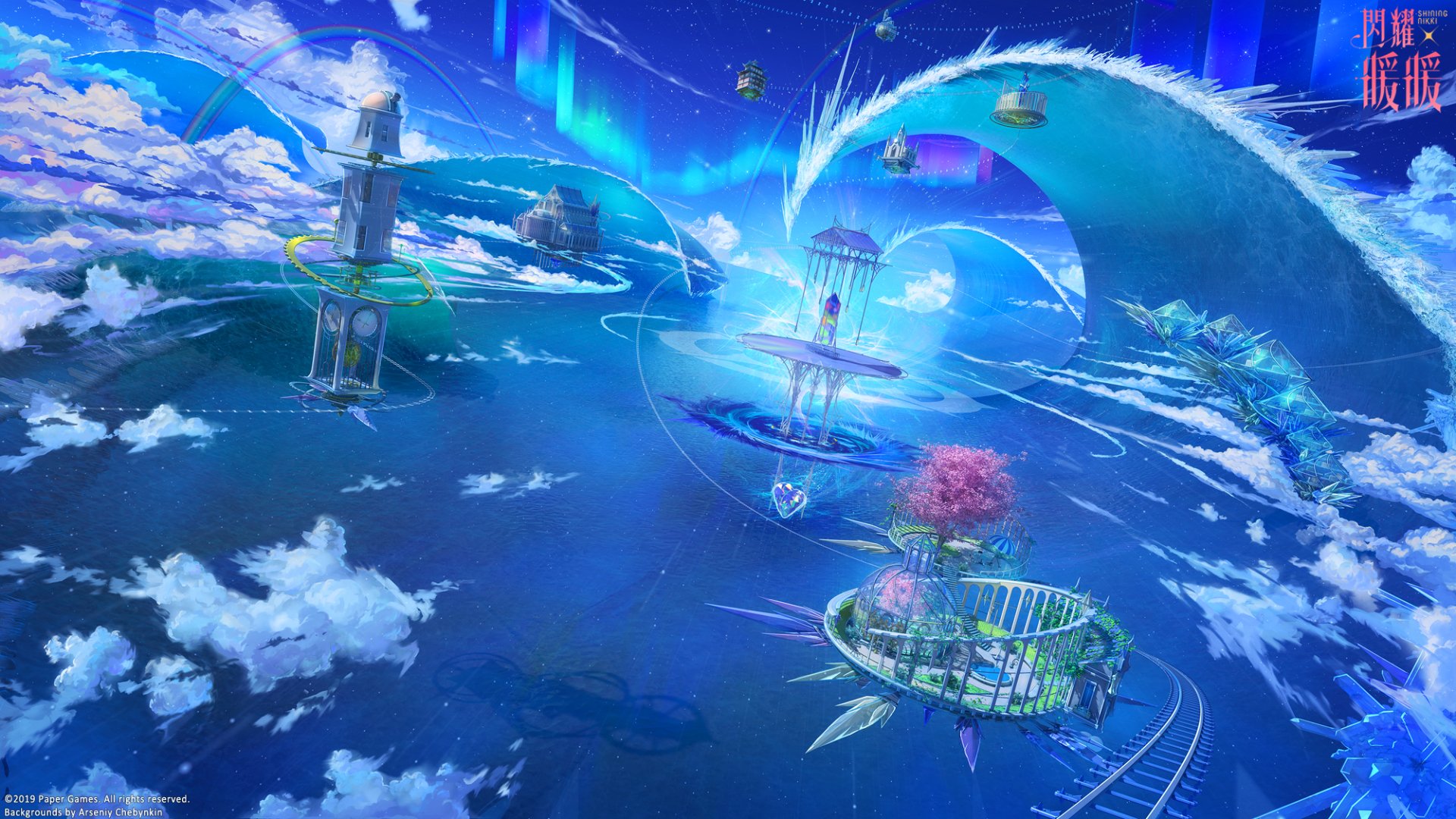 Aurora Isles: Floating Fantasy Clockscape in Anime HD Wallpaper by ArseniXC