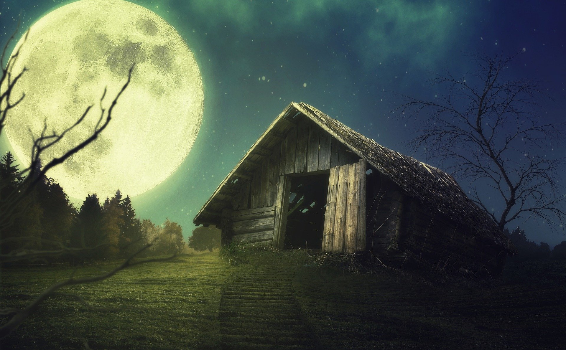 Download Barn Night Full Moon Artistic Building HD Wallpaper