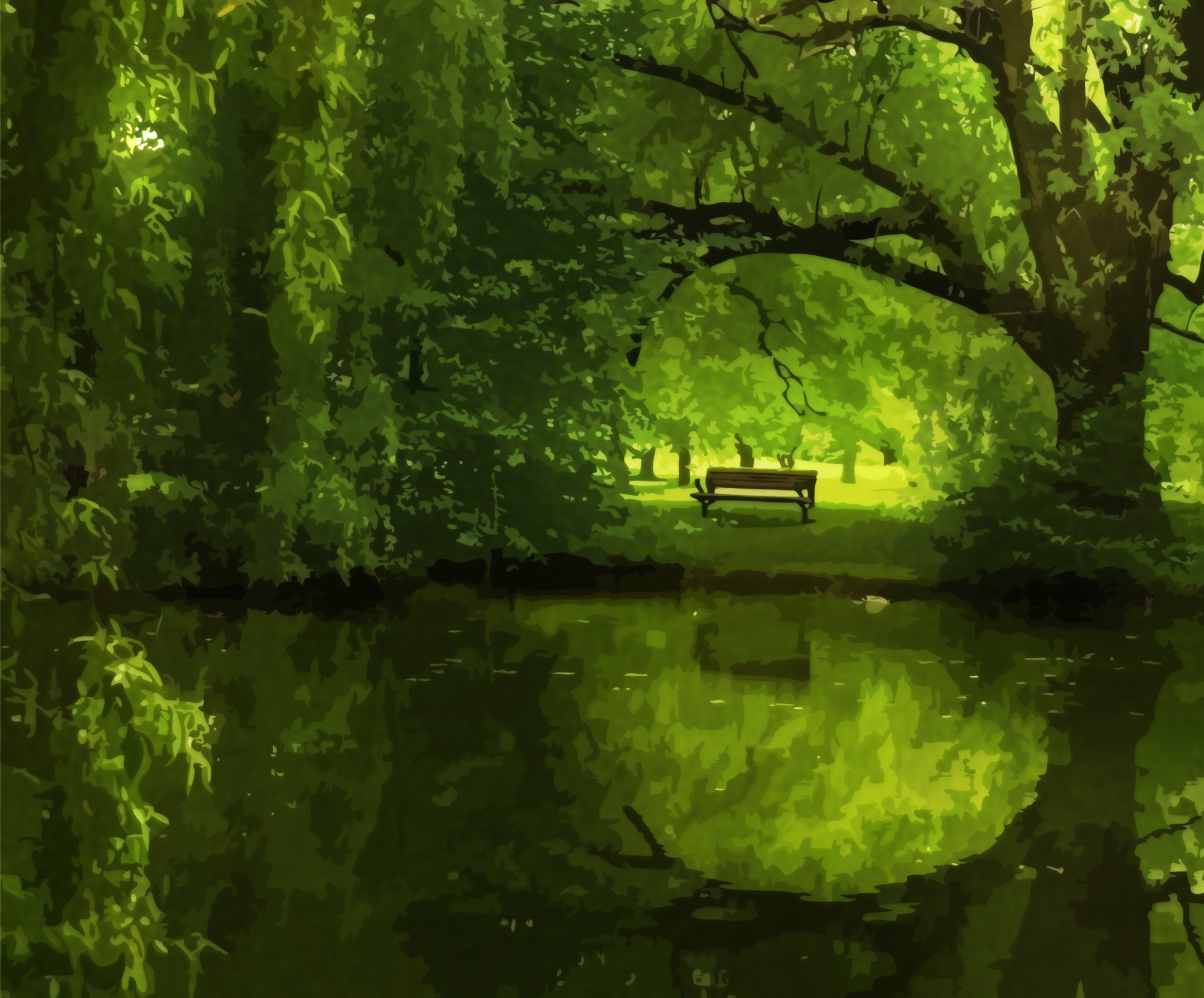 Download Green Tree Bench Nature Reflection HD Wallpaper