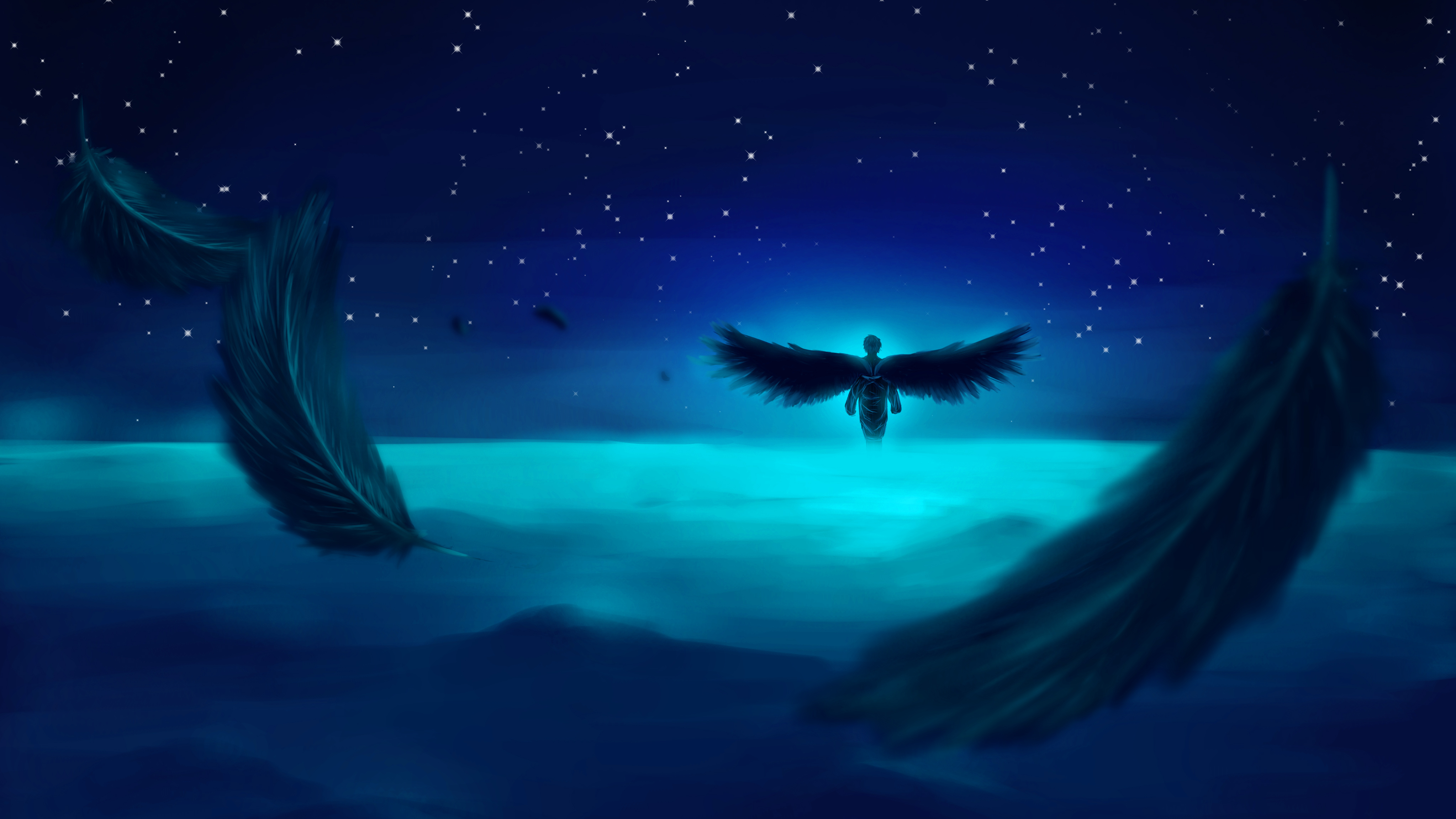 Download Starry Sky Ocean Silhouette Fantasy Angel 4k Ultra HD Wallpaper