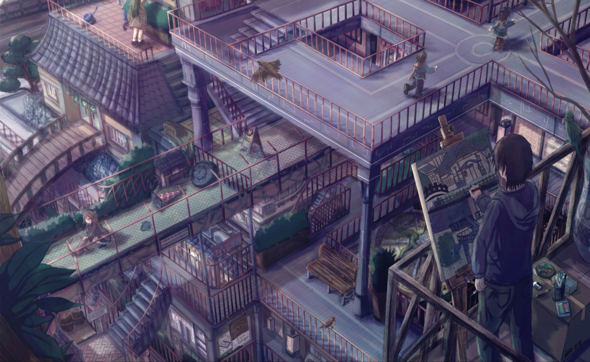 Download Bridge Stairs City People Anime Original HD Wallpaper by クメキ