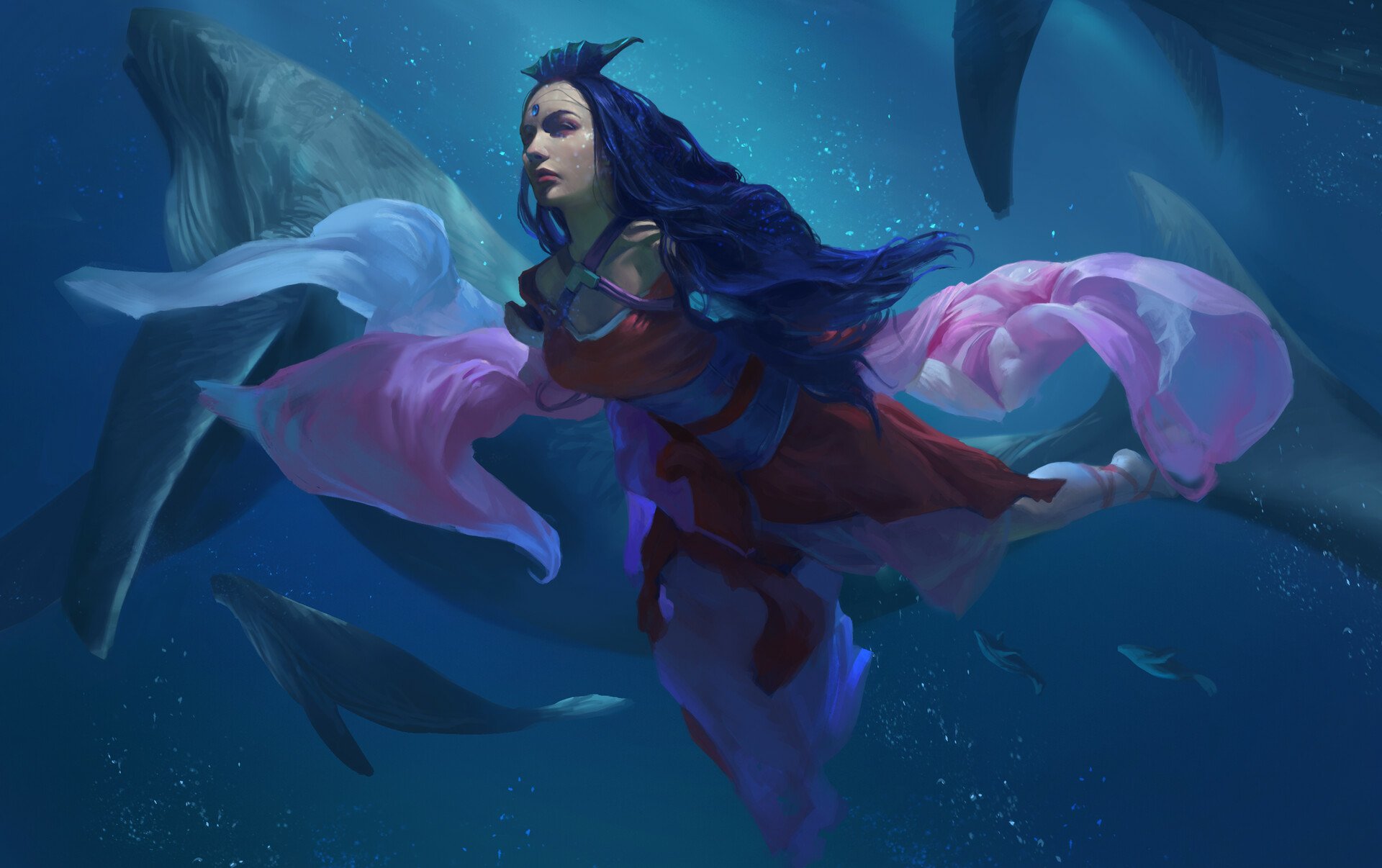Download Blue Hair Long Hair Whale Underwater Fantasy Woman HD ...