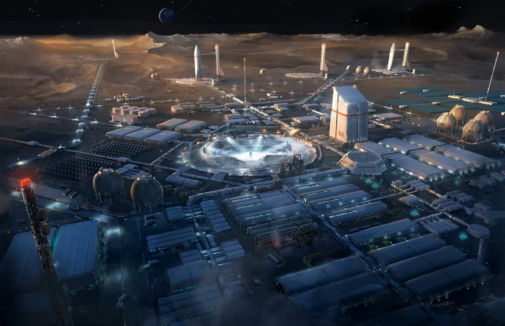 HD Sci-Fi Space Station on the Moon with Futuristic Spaceships