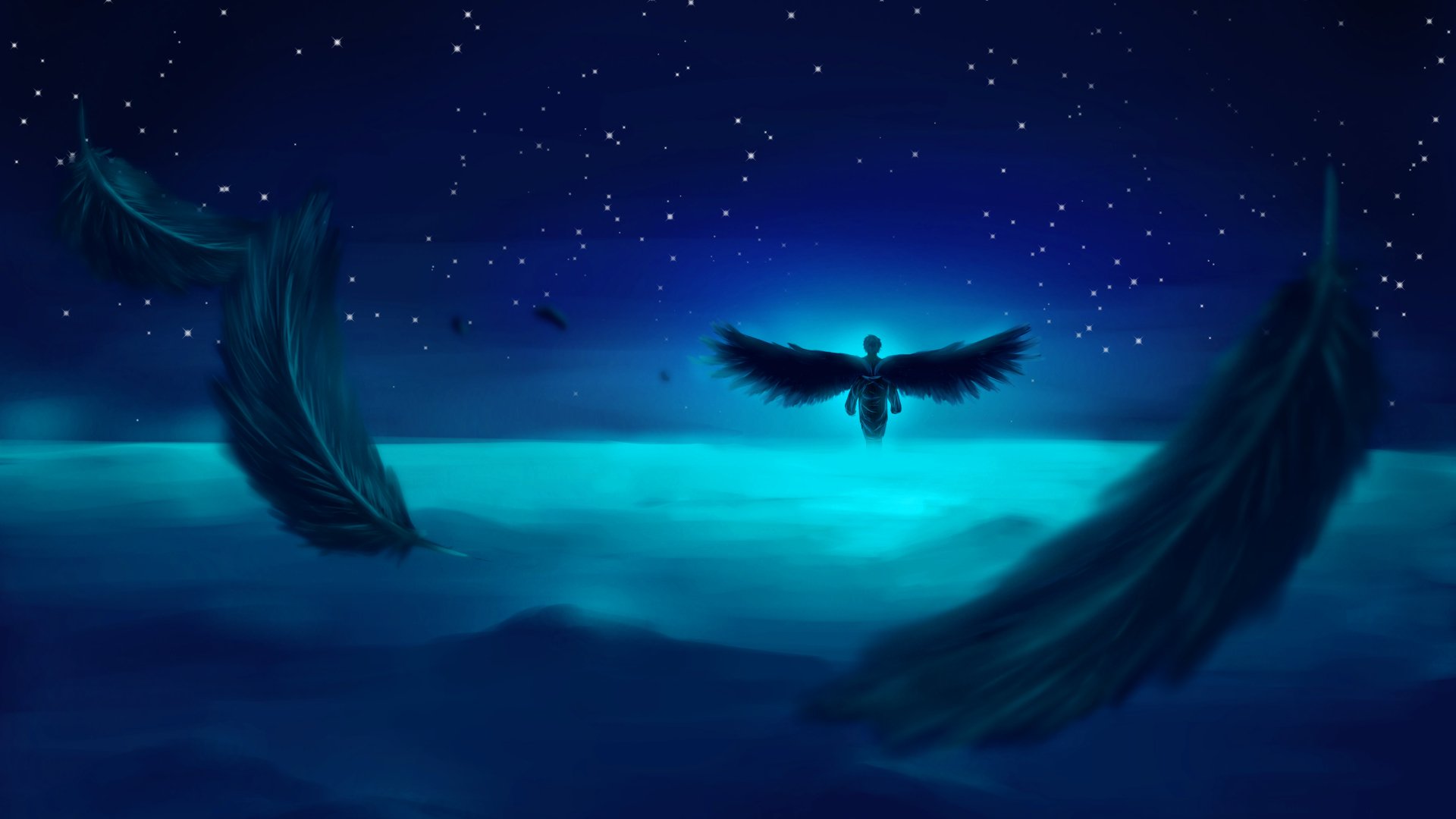 Download Starry Sky Ocean Silhouette Fantasy Angel 4k Ultra HD ...