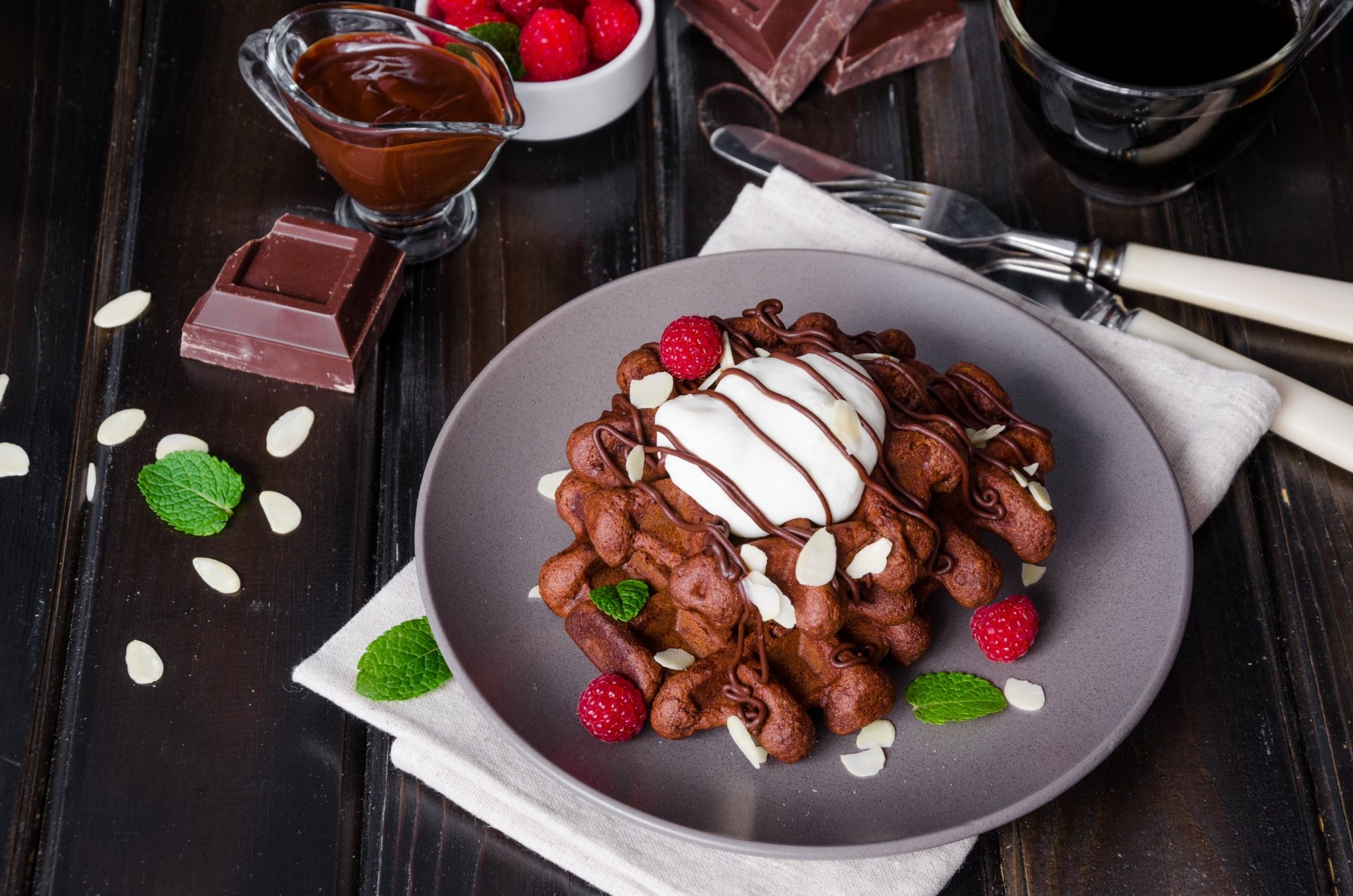 Download Still Life Breakfast Chocolate Food Waffle 4k Ultra HD Wallpaper