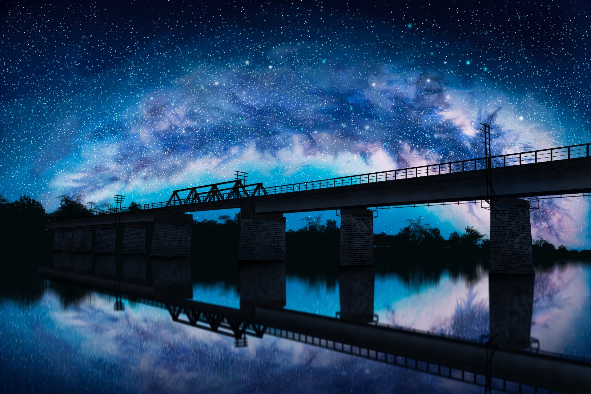 Starry Night Bridge Reflection – Anime HD Lake Wallpaper by liwei191