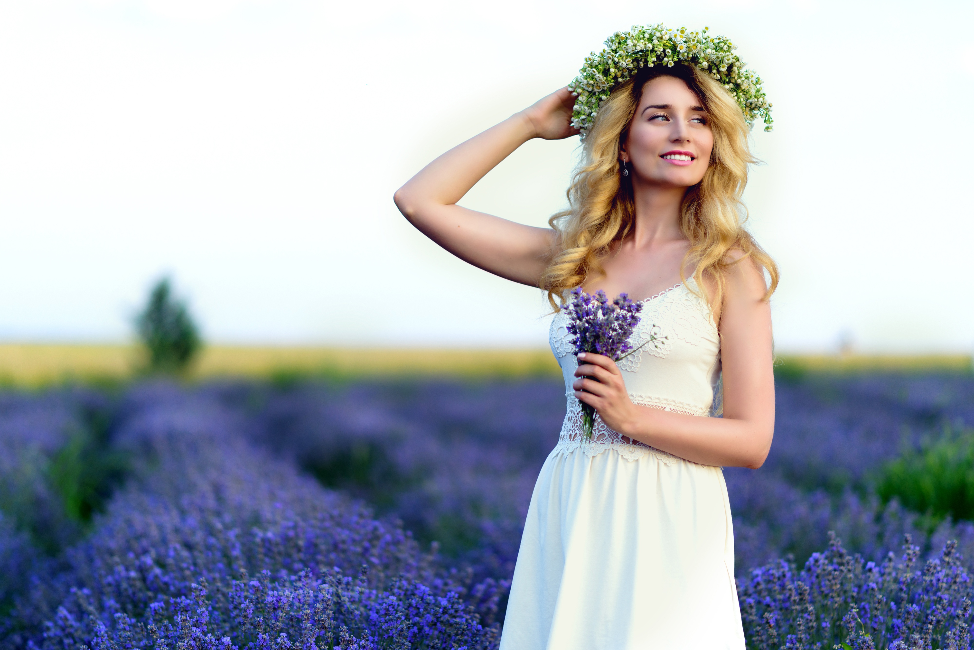 Download White Dress Depth Of Field Smile Blonde Lavender Wreath Flower ...