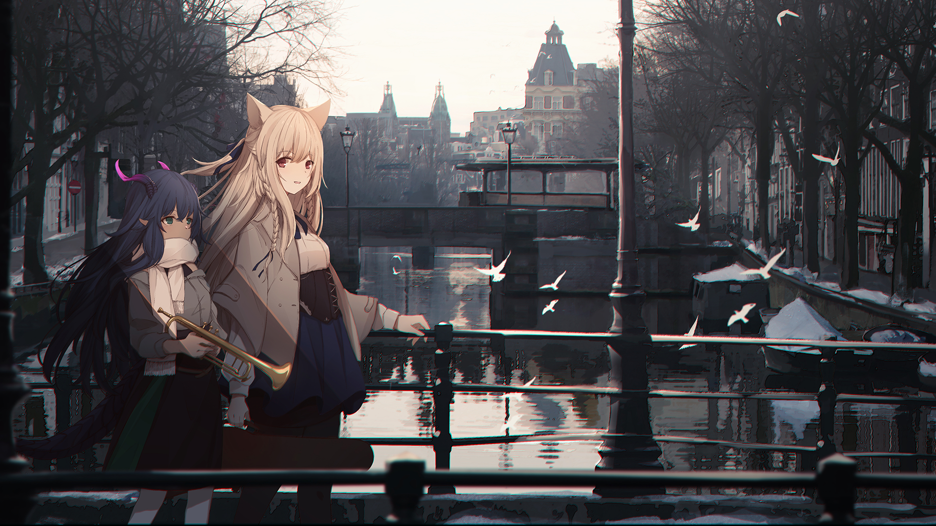 Anime City River: HD Wallpaper with Birds by sagiri
