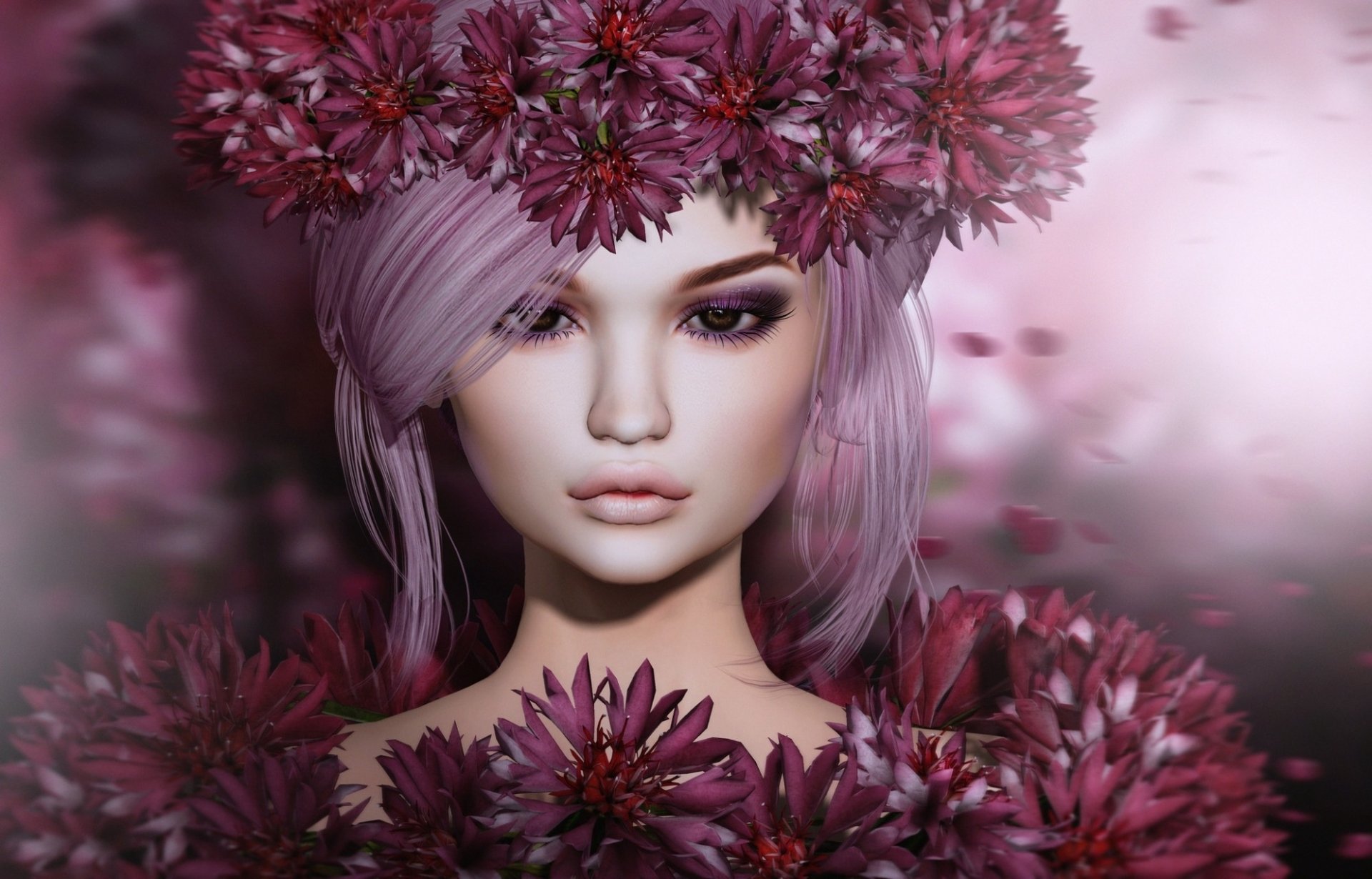 Download Pink Hair Purple Flower Fantasy Woman HD Wallpaper | 1998x1280 ...