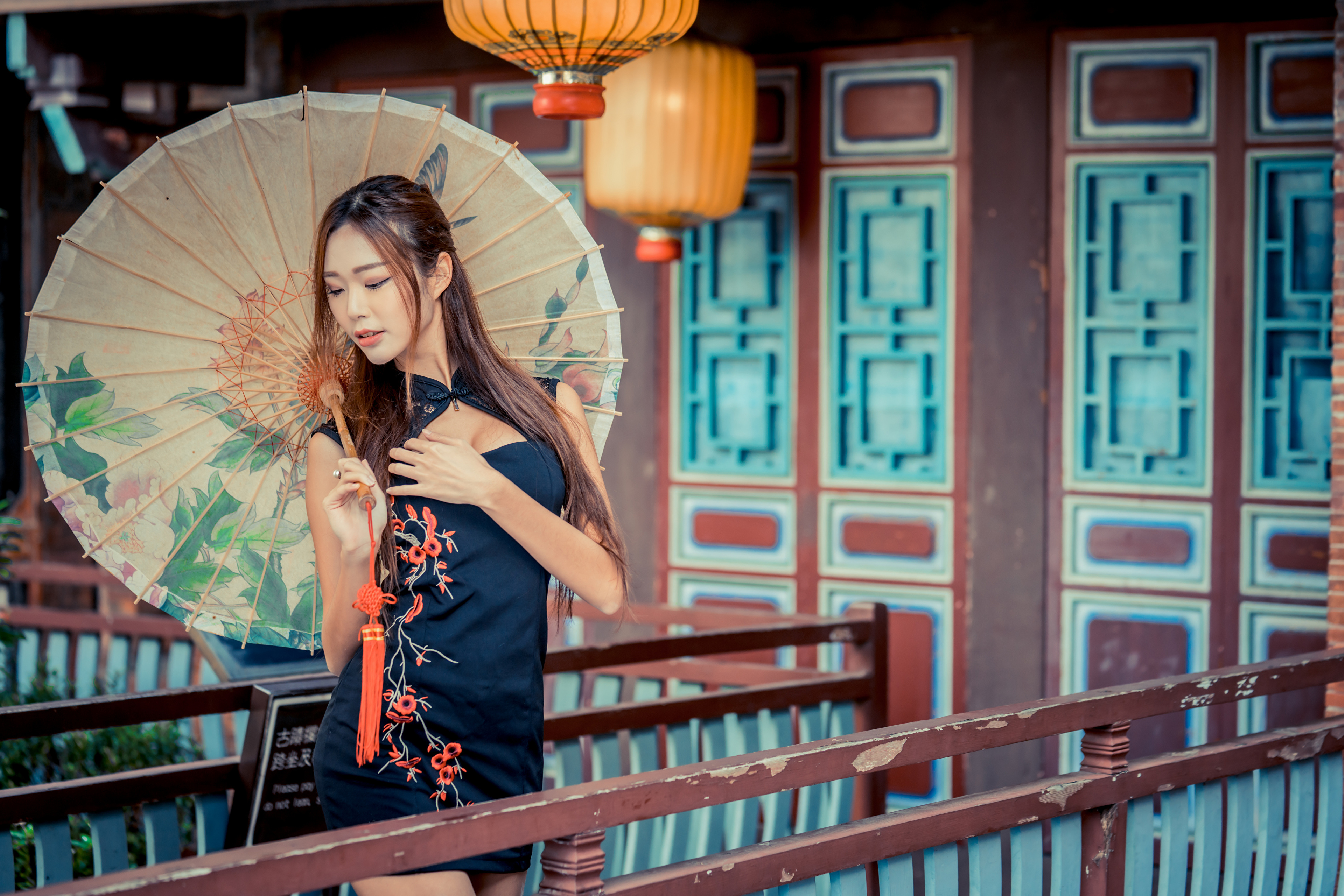 Download Dress Umbrella Brunette Long Hair Model Woman Asian 4k Ultra