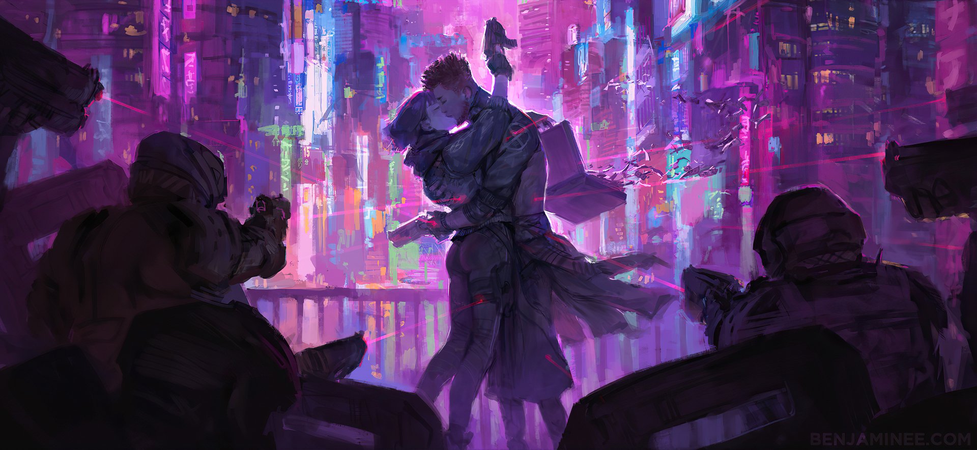 Cyberpunk Lovers United: Futuristic Kiss Amidst Neon Guns by Benjamin Ee