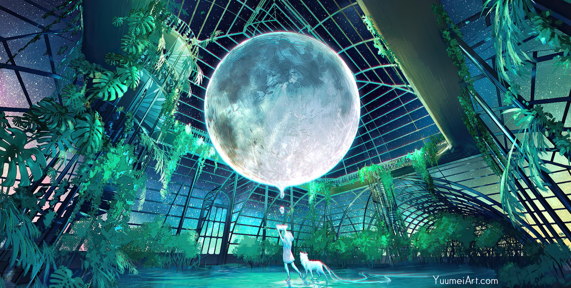 Moonlit Atrium - Anime Original 2K Quad HD Wallpaper by Yuumei ...