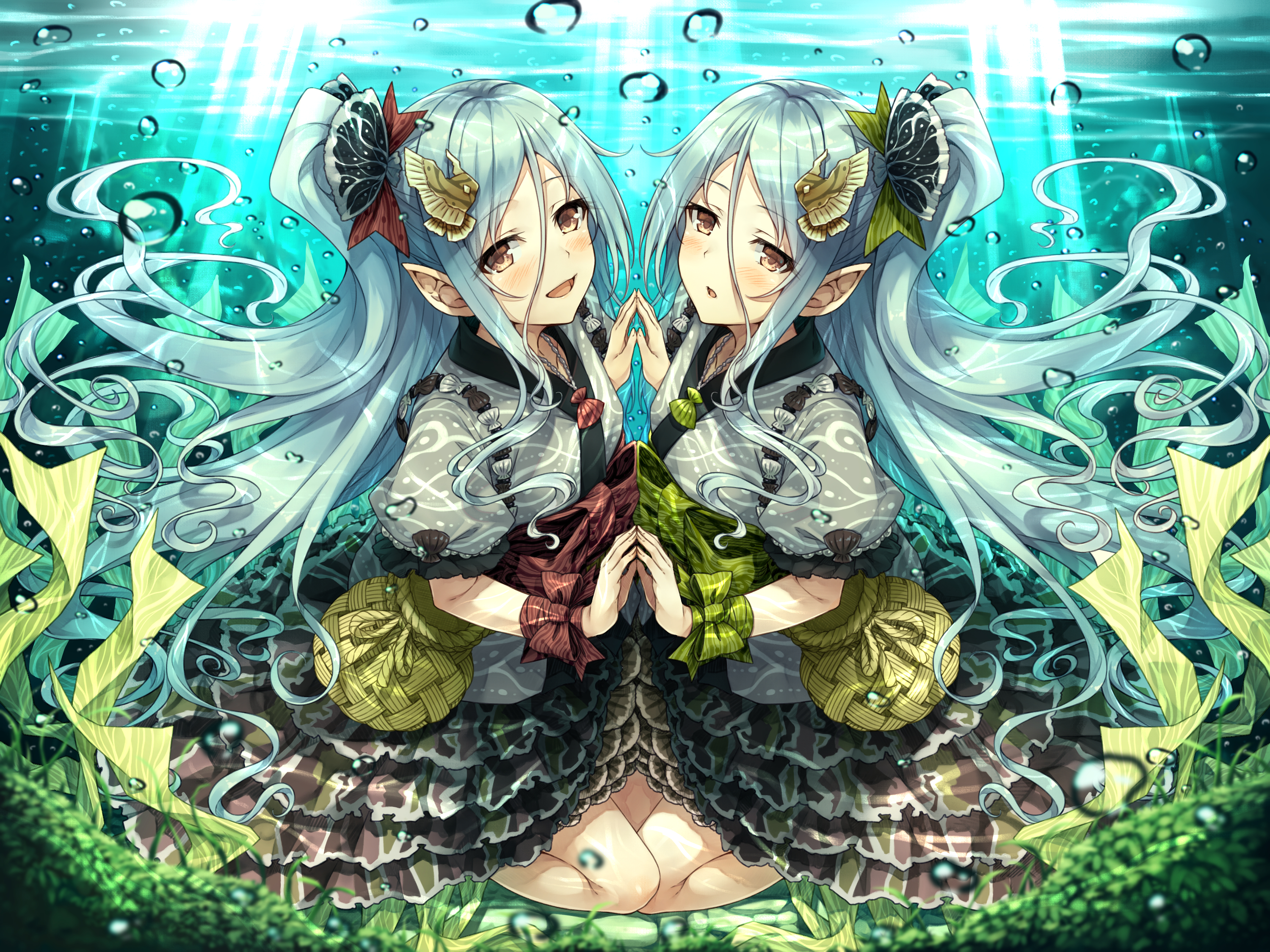 Download Brown Eyes Long Hair White Hair Pointed Ears Underwater Dress ...