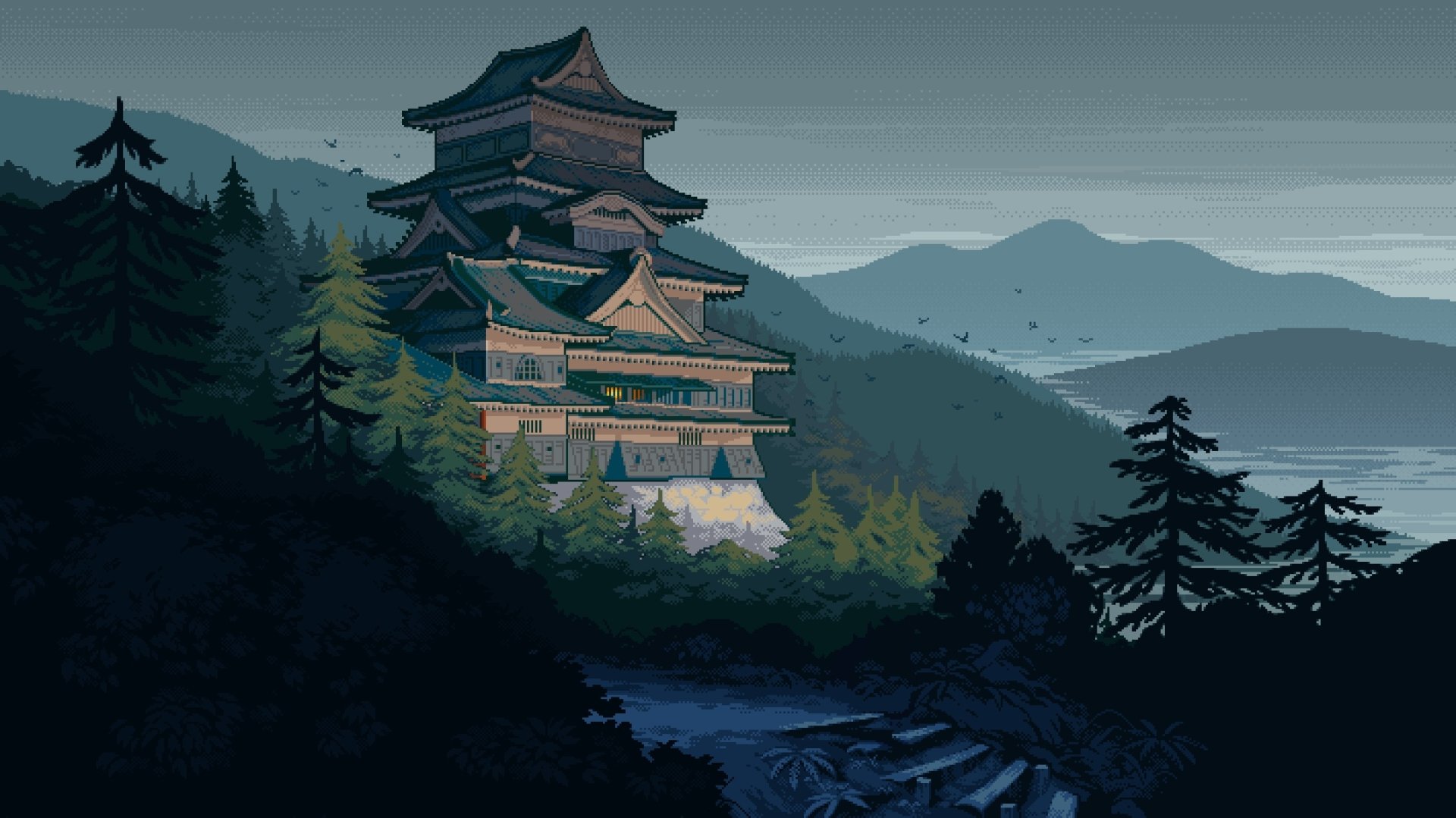 Japan Castle in Mountains - Artistic Pixel Art HD Wallpaper