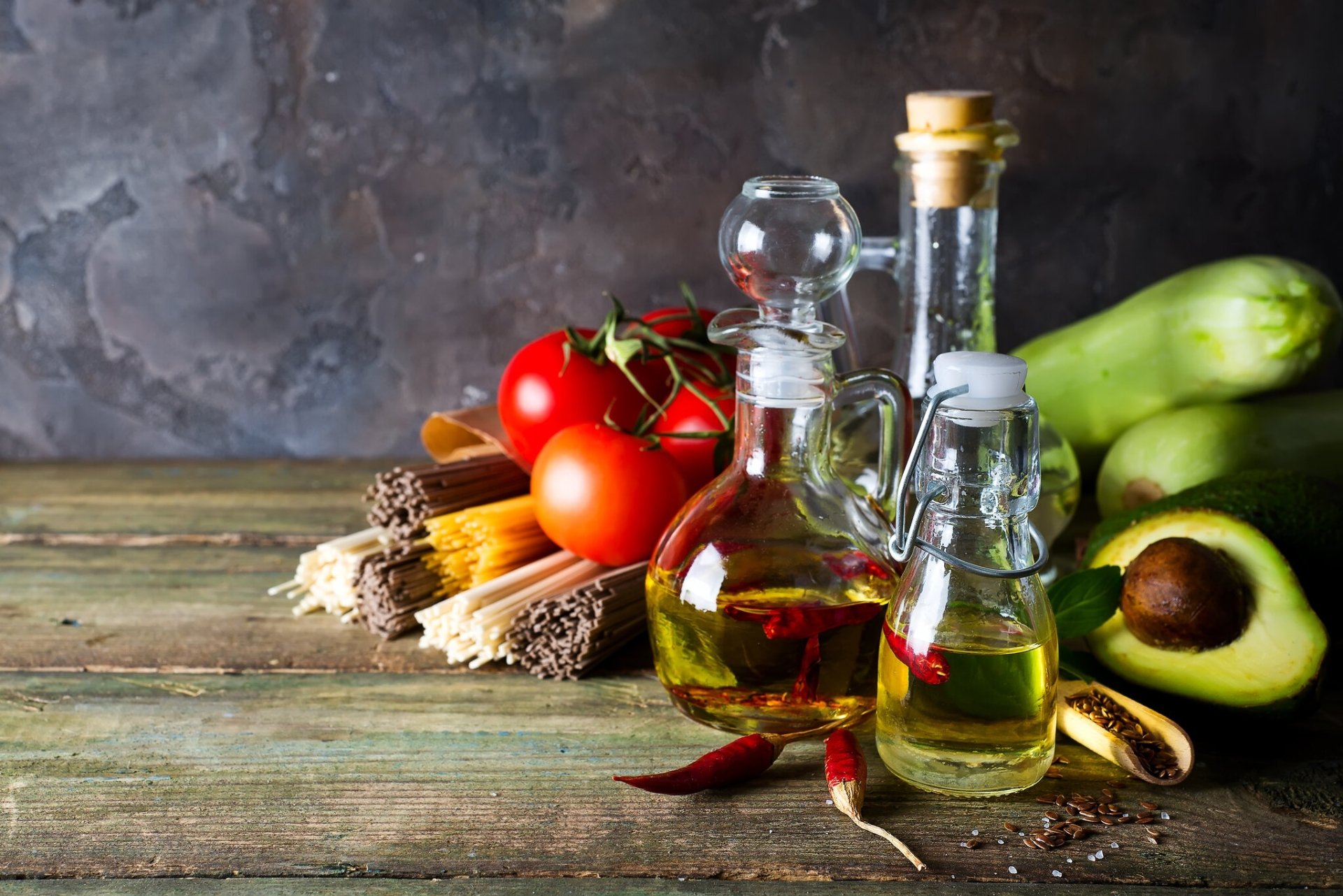 Download Pasta Avocado Tomato Oil Food Still Life HD Wallpaper