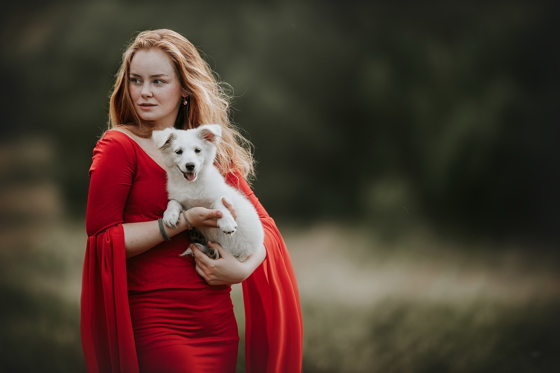 Download Red Dress Baby Animal Puppy Redhead Dog Woman Model HD Wallpaper