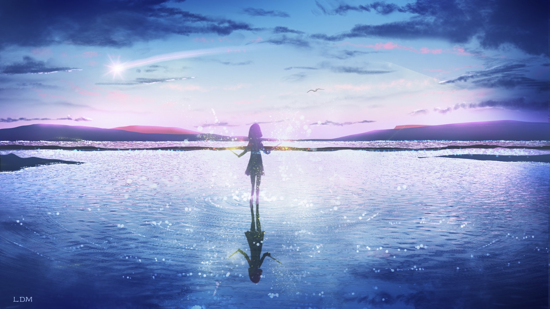 Meteor Dreams Over Tranquil Waters – HD Anime Sky Wallpaper by LDM