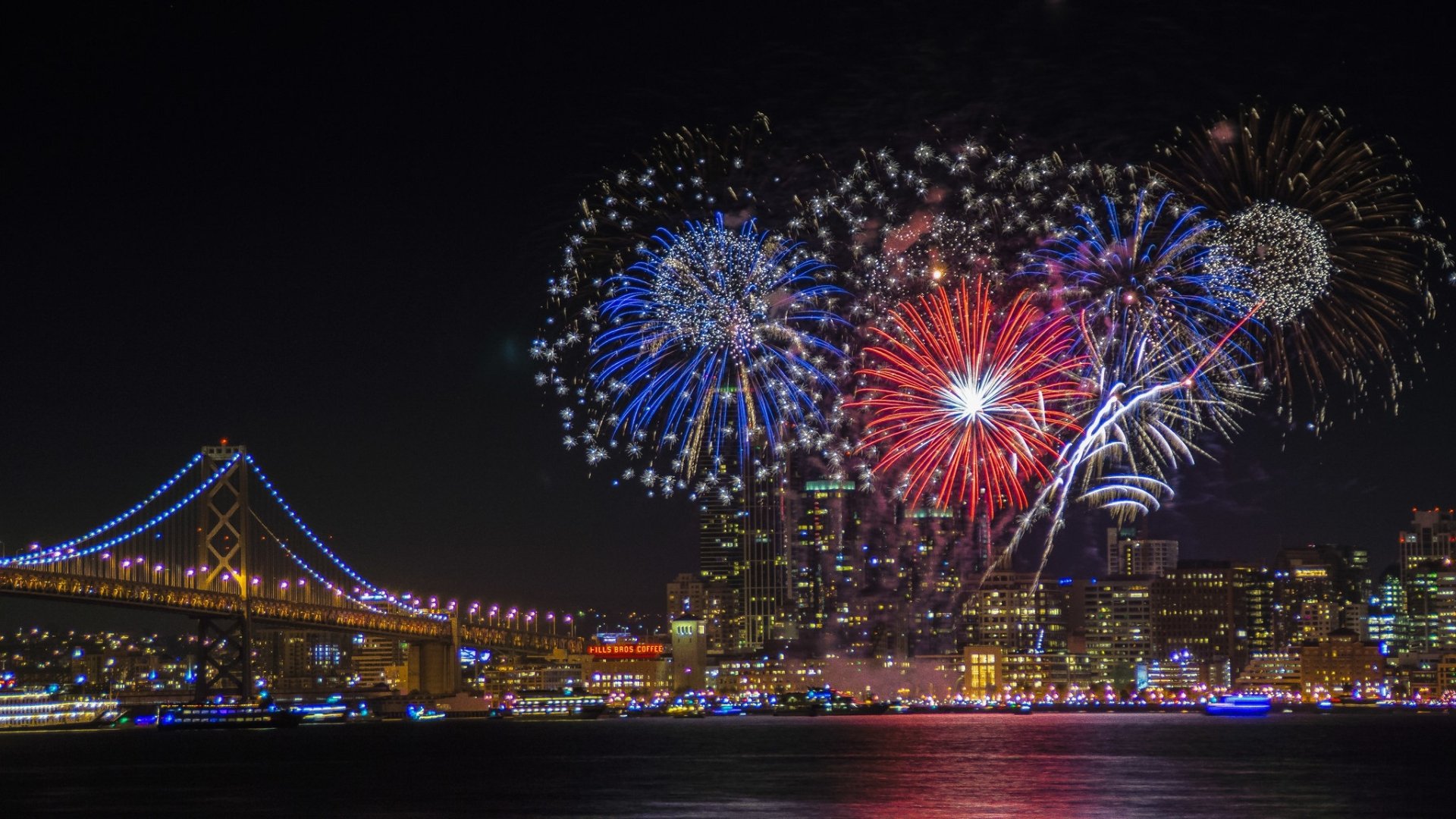 Download Skyscraper Building Bridge Photography Fireworks HD Wallpaper