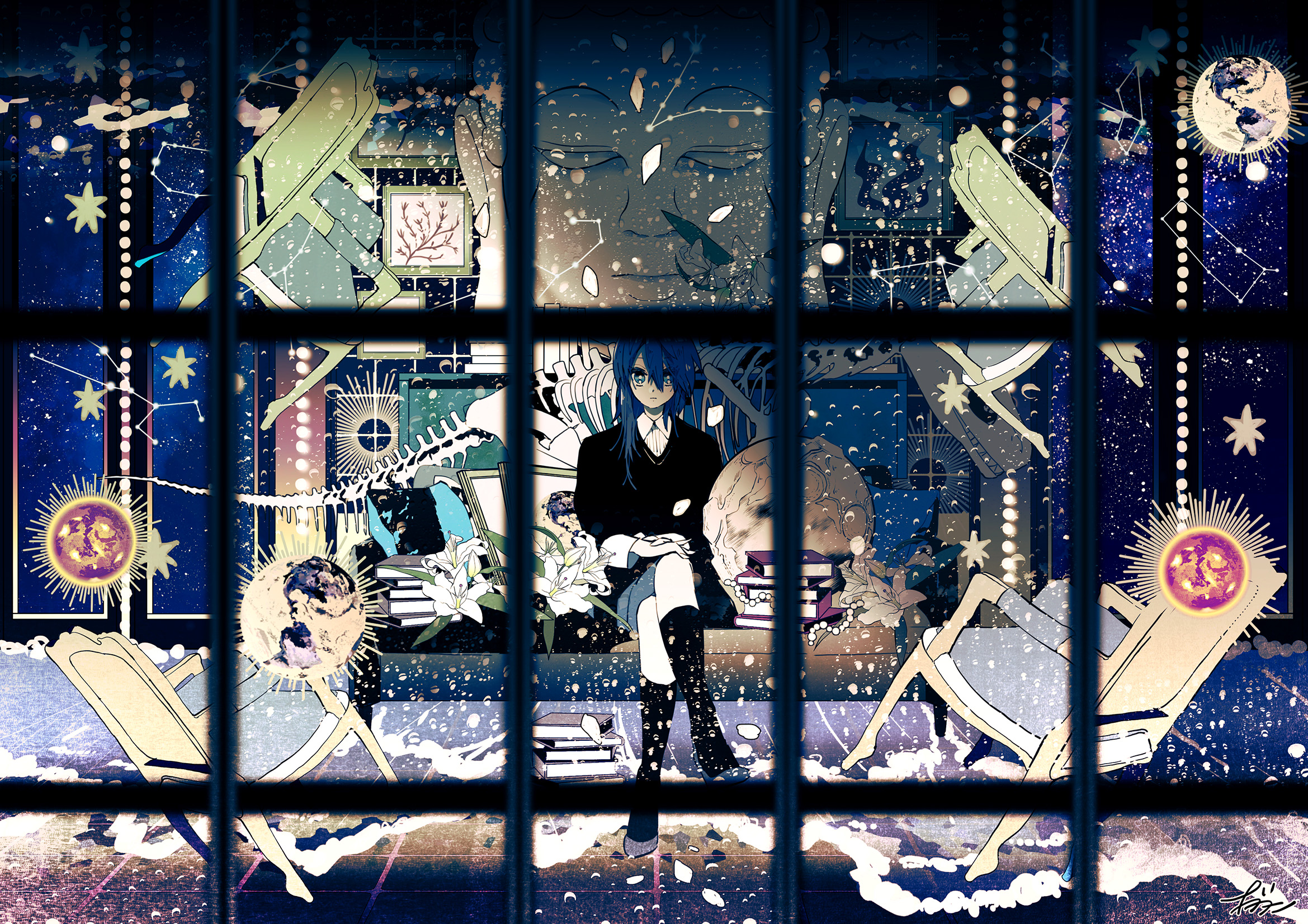 Download Blue Eyes Blue Hair Anime Original HD Wallpaper by 長谷梨加