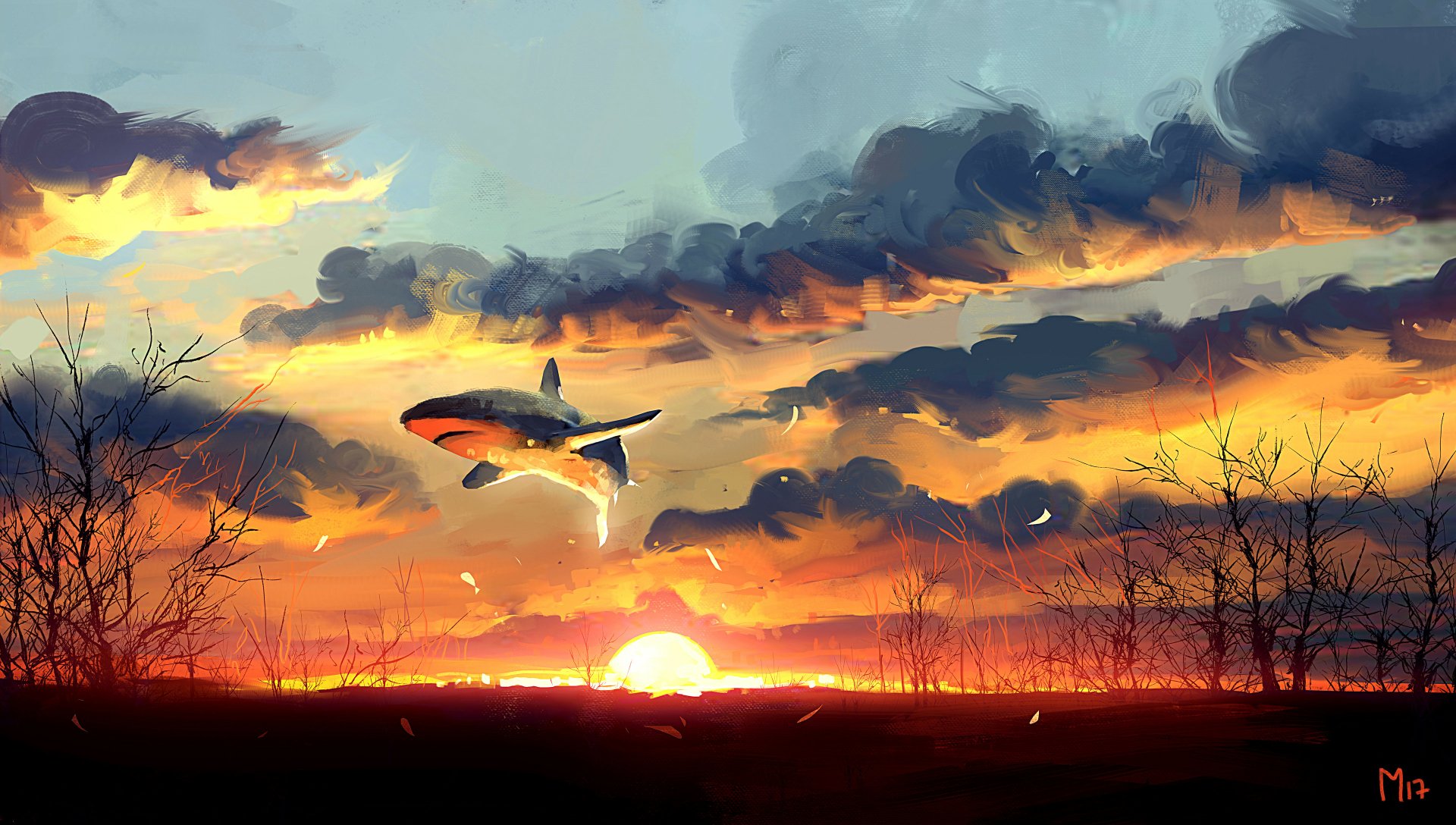 Sunset Shark Over the Cloud Sea — 4K Ultra HD Art by Dominik Mayer