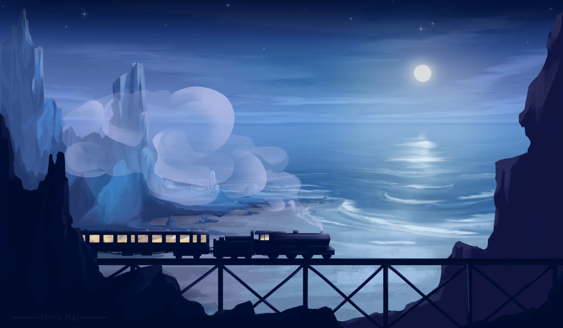 Download Night Artistic Train HD Wallpaper by Shiro Naj