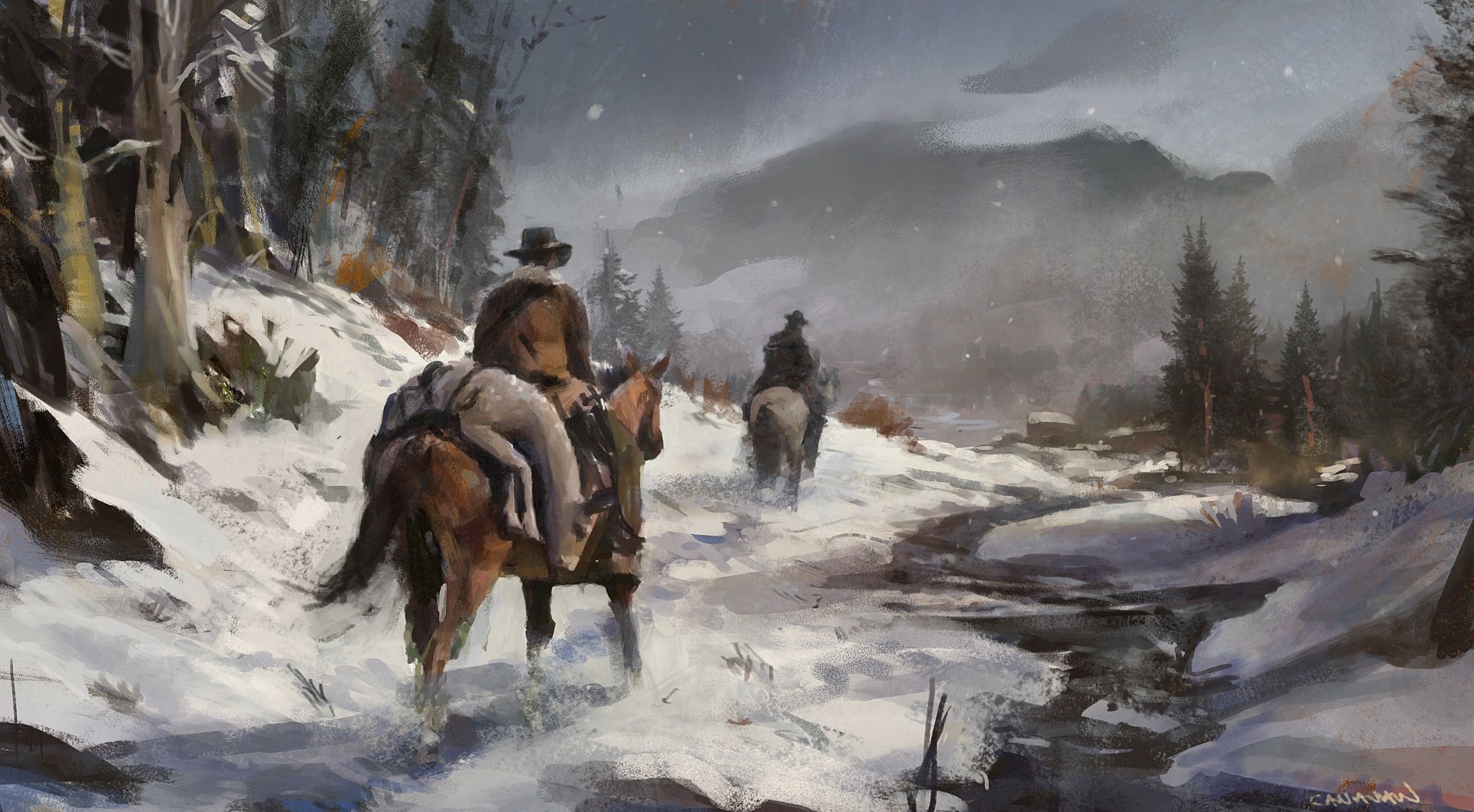 Download Winter Painting Artistic Cowboy HD Wallpaper by Paul Canavan