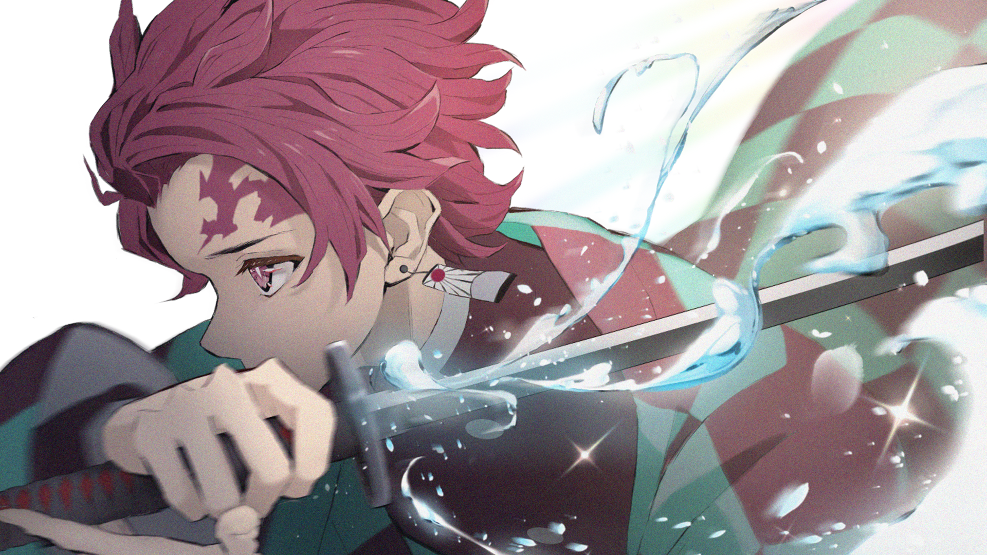 Tanjiro’s Fierce Red Gaze with Katana in Water - Demon Slayer HD Wallpaper