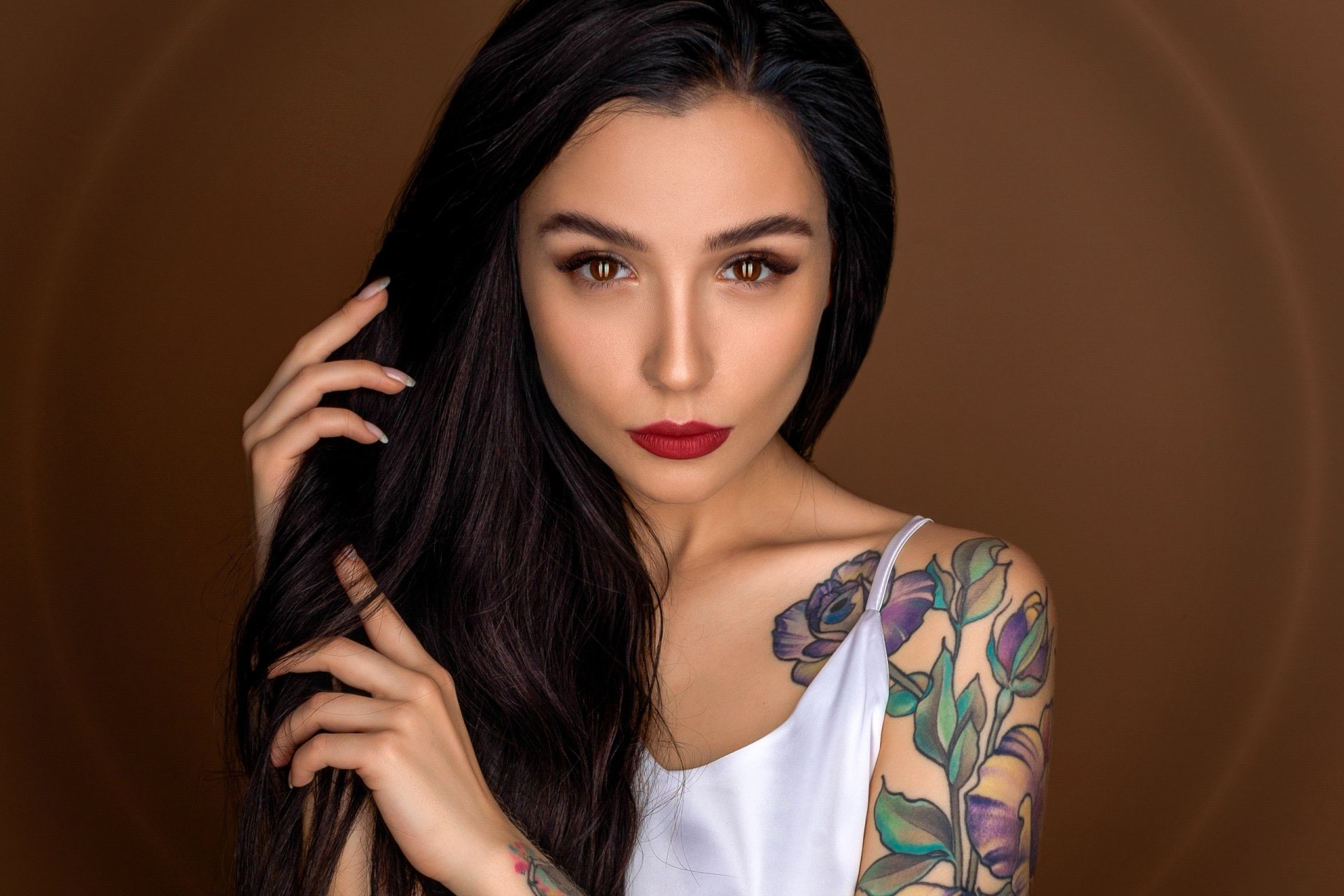 Download Black Hair Brown Eyes Lipstick Model Woman Tattoo Hd Wallpaper