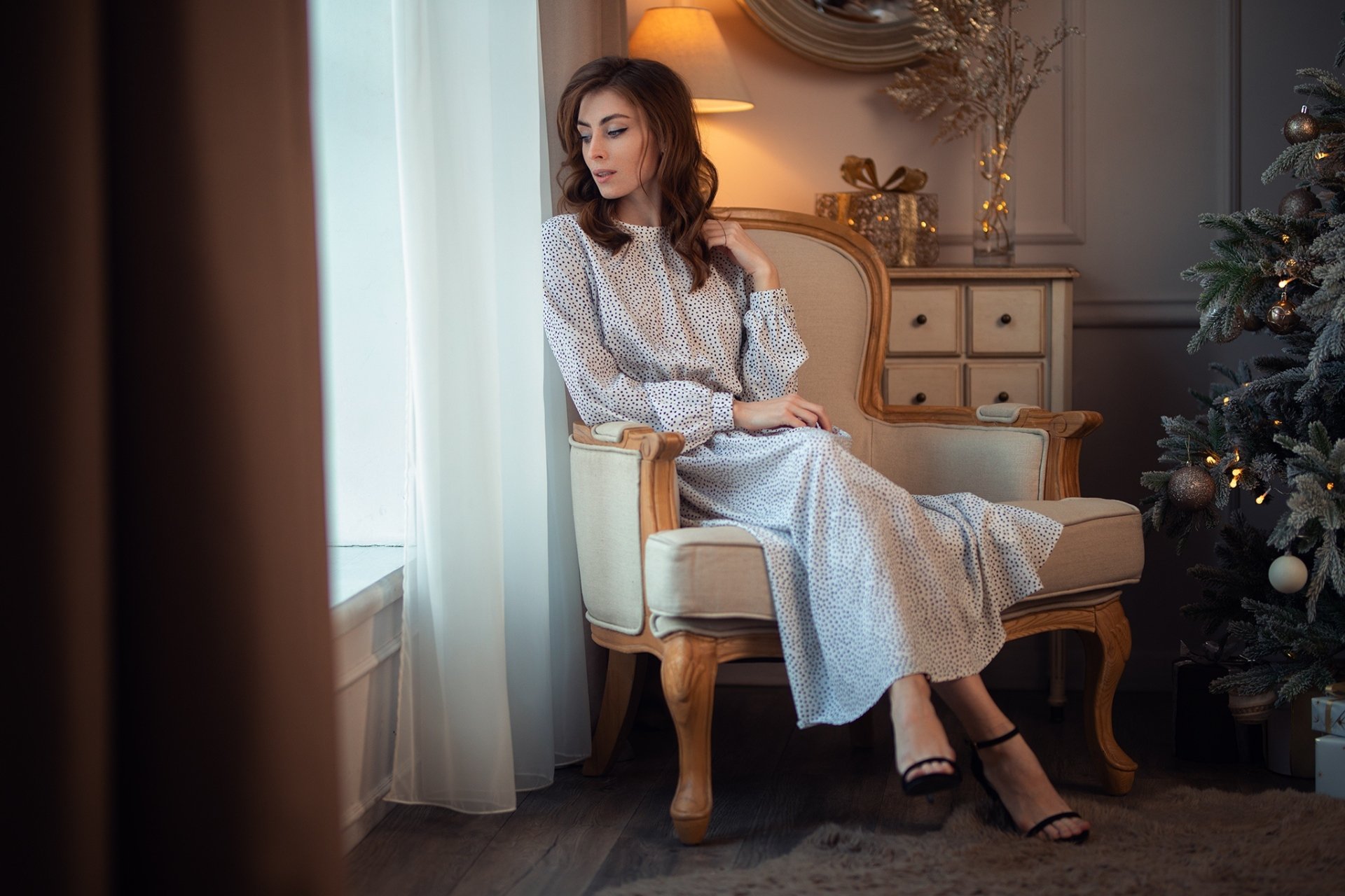 Brunette Elegance: Model in Lace Dress — HD Wallpaper by Dmitry Sn