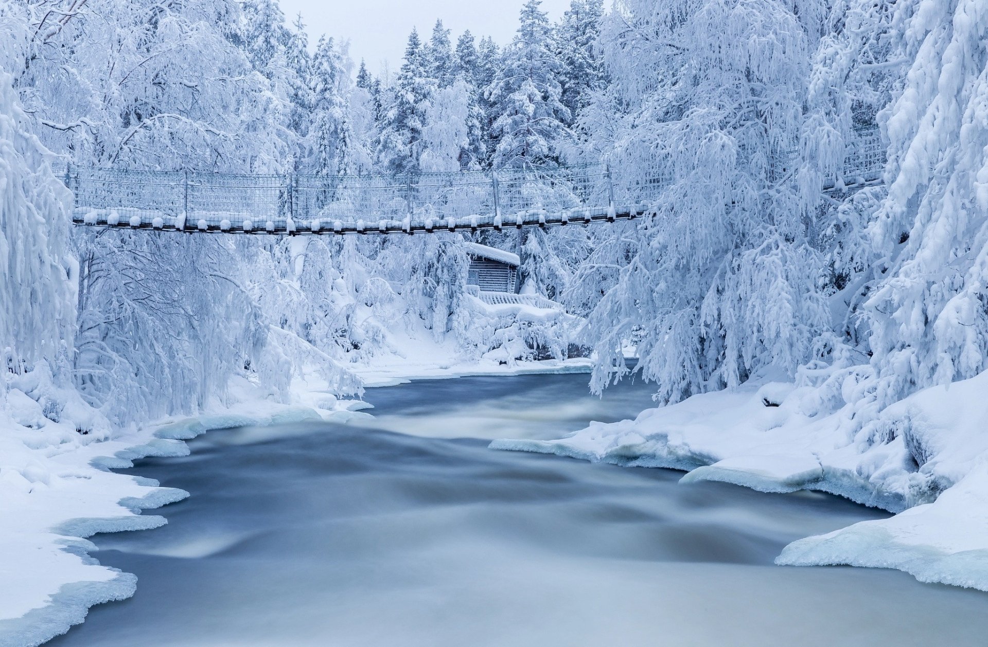 Icy Suspension: Winter Bridge HD Wallpaper