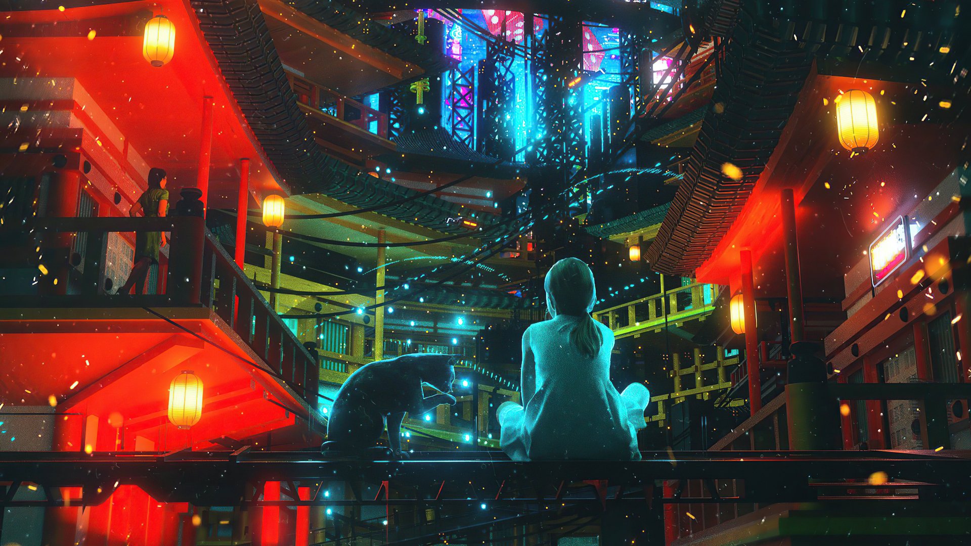 Futuristic Sci-Fi Woman and Cat in Neon City | 4K Ultra HD Wallpaper by ...
