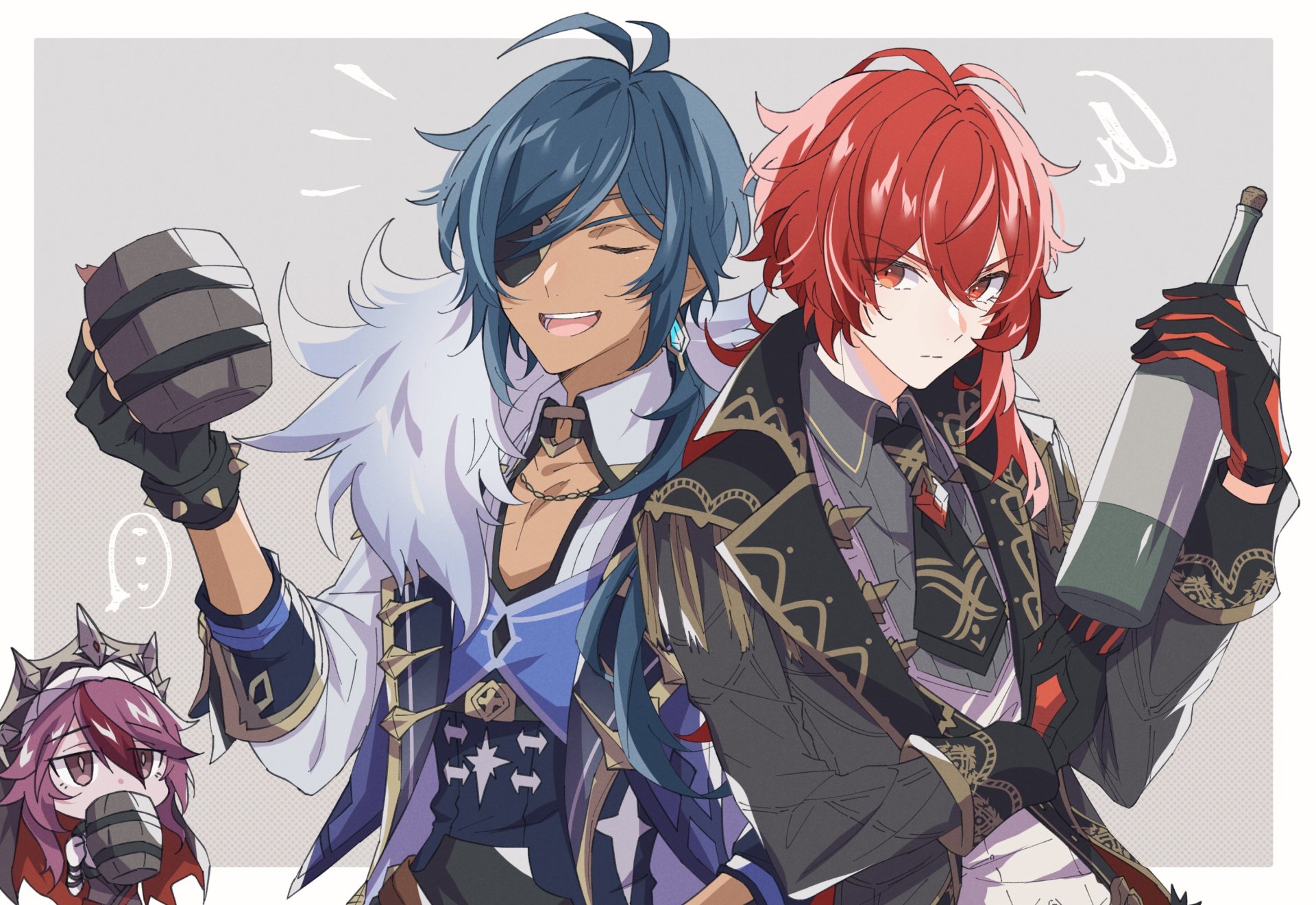 Genshin Impact HD Wallpaper: Diluc, Kaeya, and Rosaria with Eye Patch ...