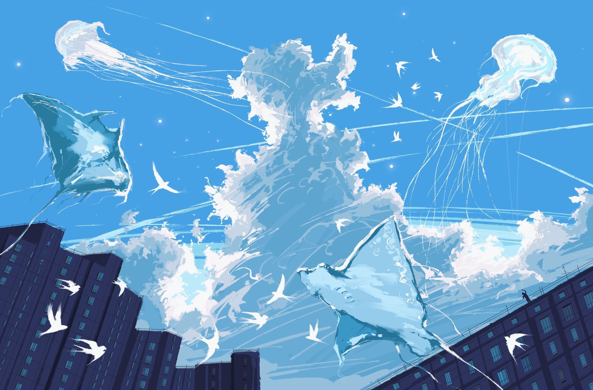 Skybound Jellyfish and Birds: A Radiant Anime Horizon | 3500x2300 ...
