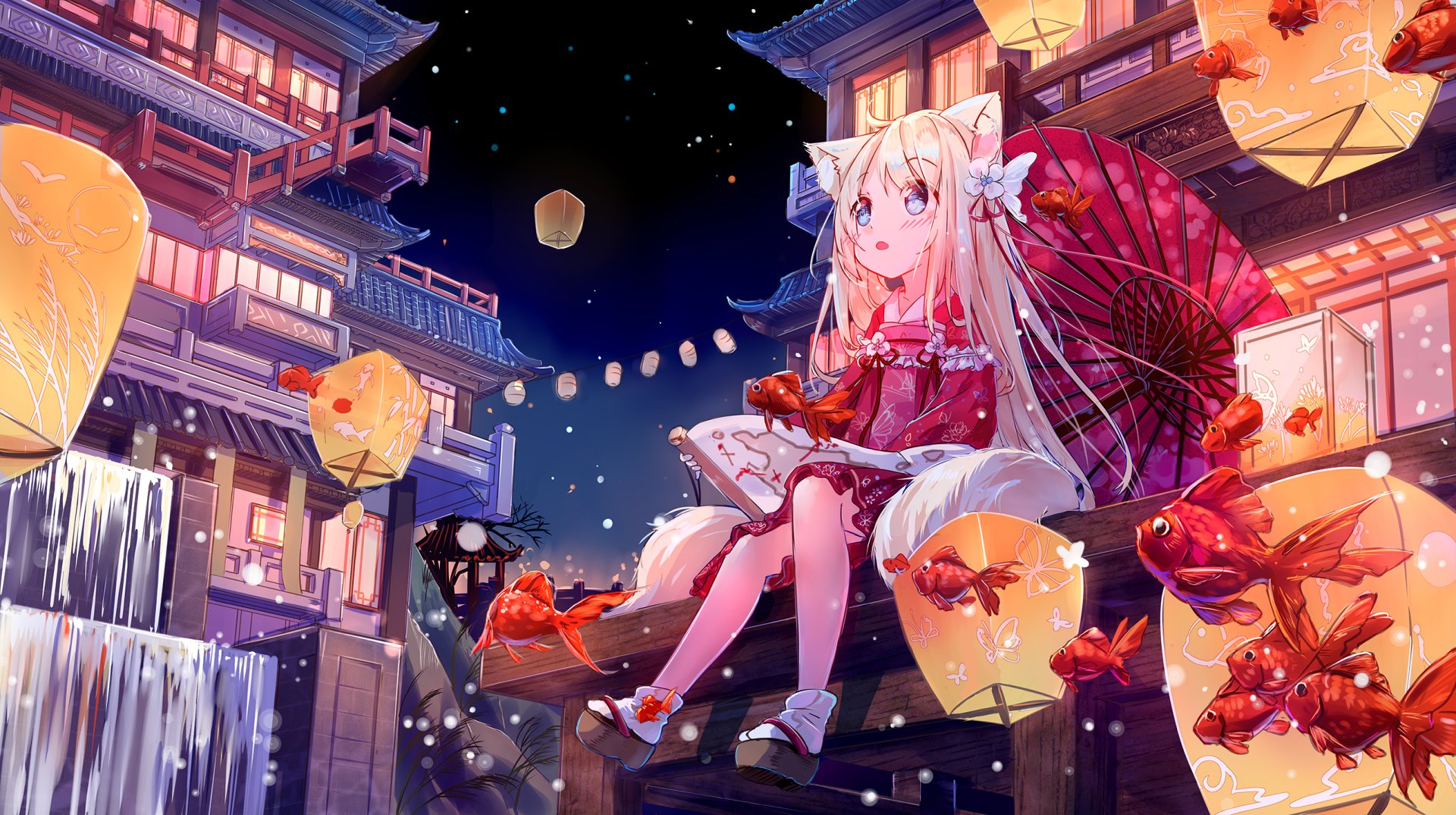 Download Festival Lantern Animal Ears Night Anime Girl Anime Girl Anime ...