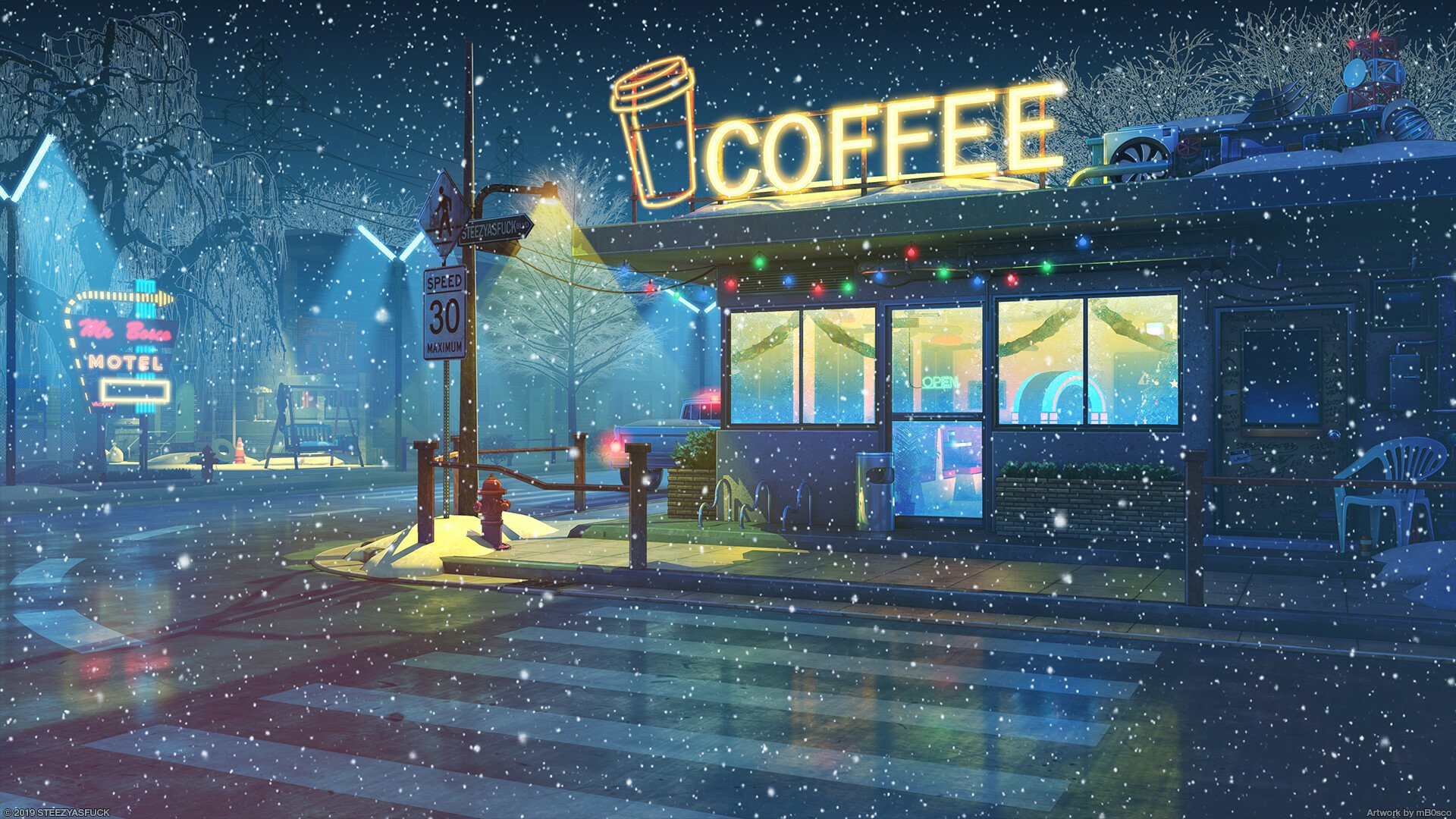 Download Artistic Building Coffee Shop Snowfall Nighttime HD Wallpaper ...