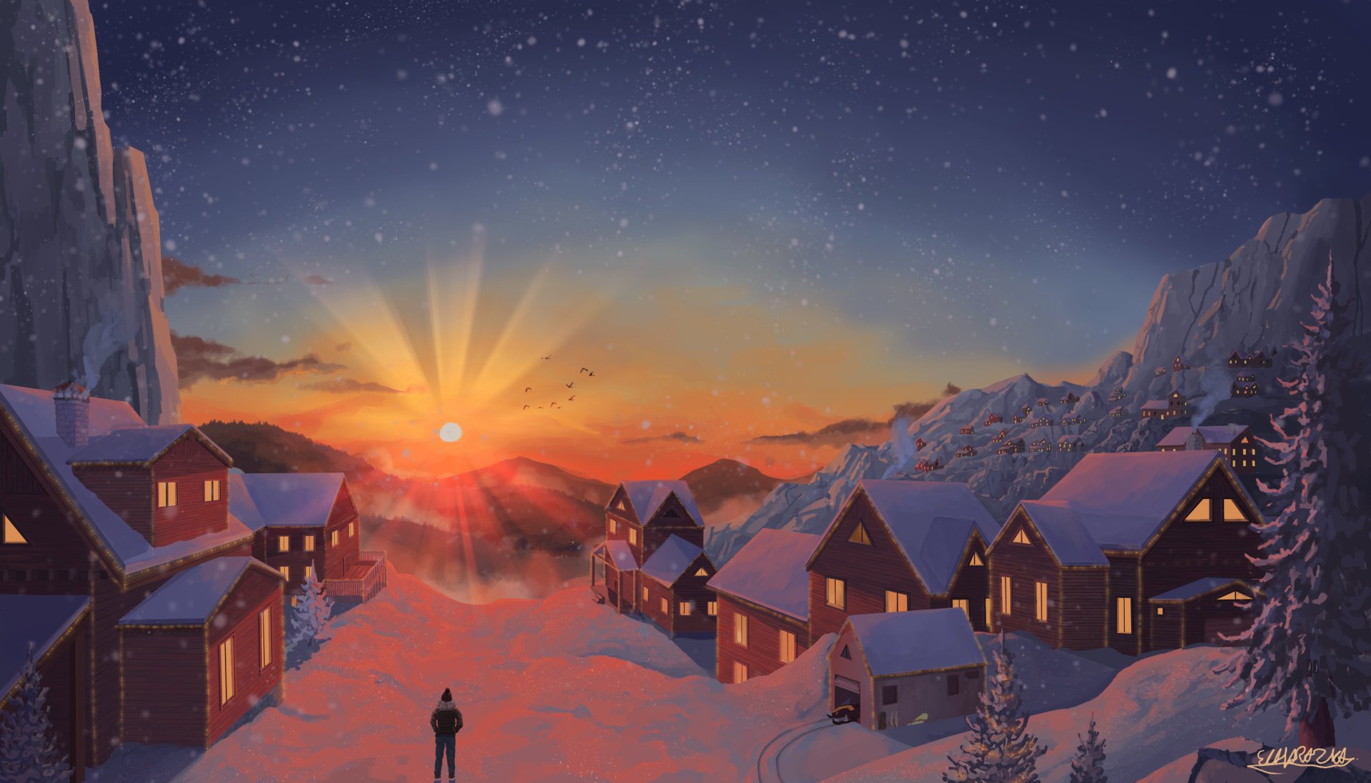 Cozy Winter Sunrise: Artistic HD Wallpaper Warmth in the Snow by Elchaart