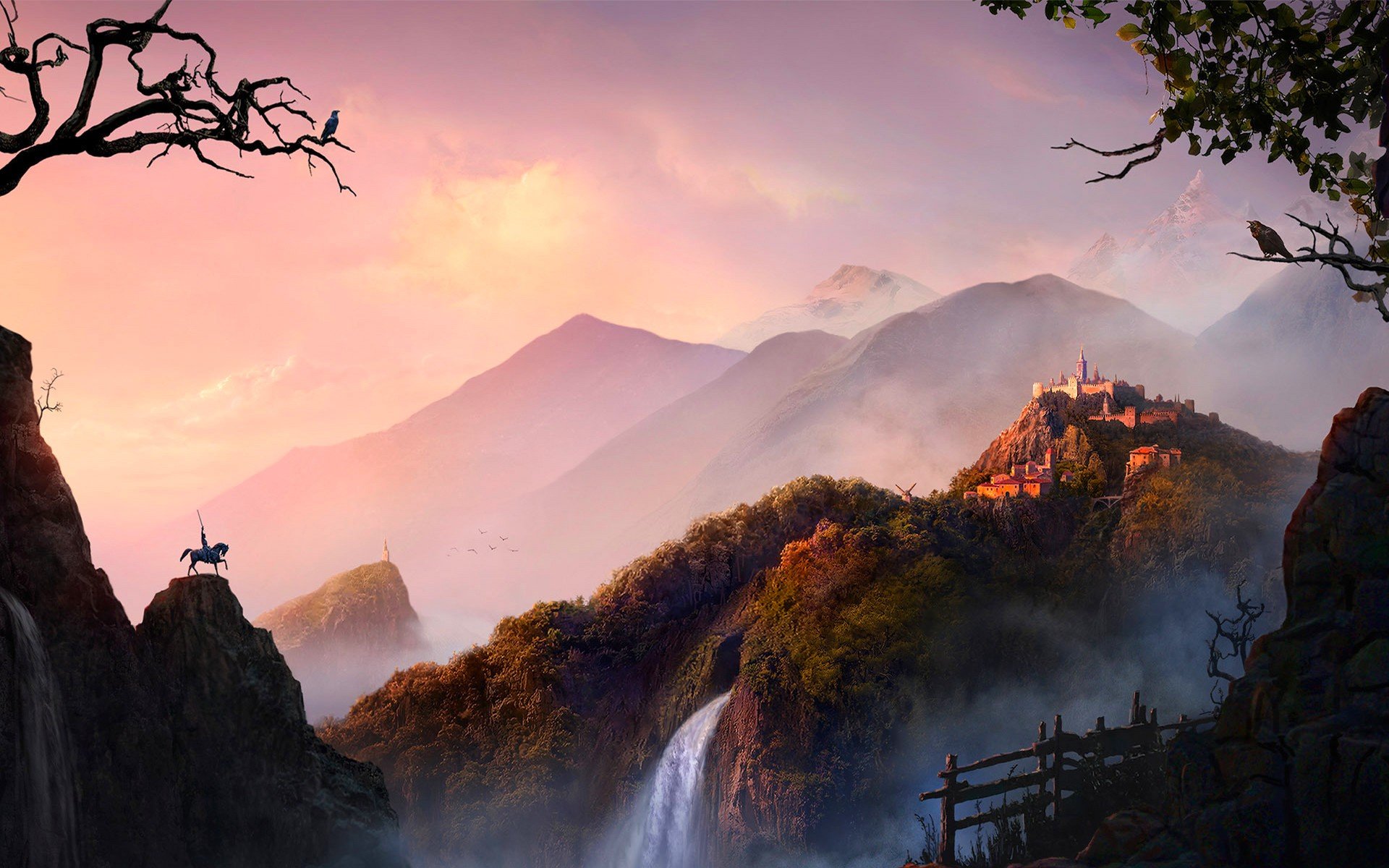 Download Mountain Waterfall Fantasy City HD Wallpaper