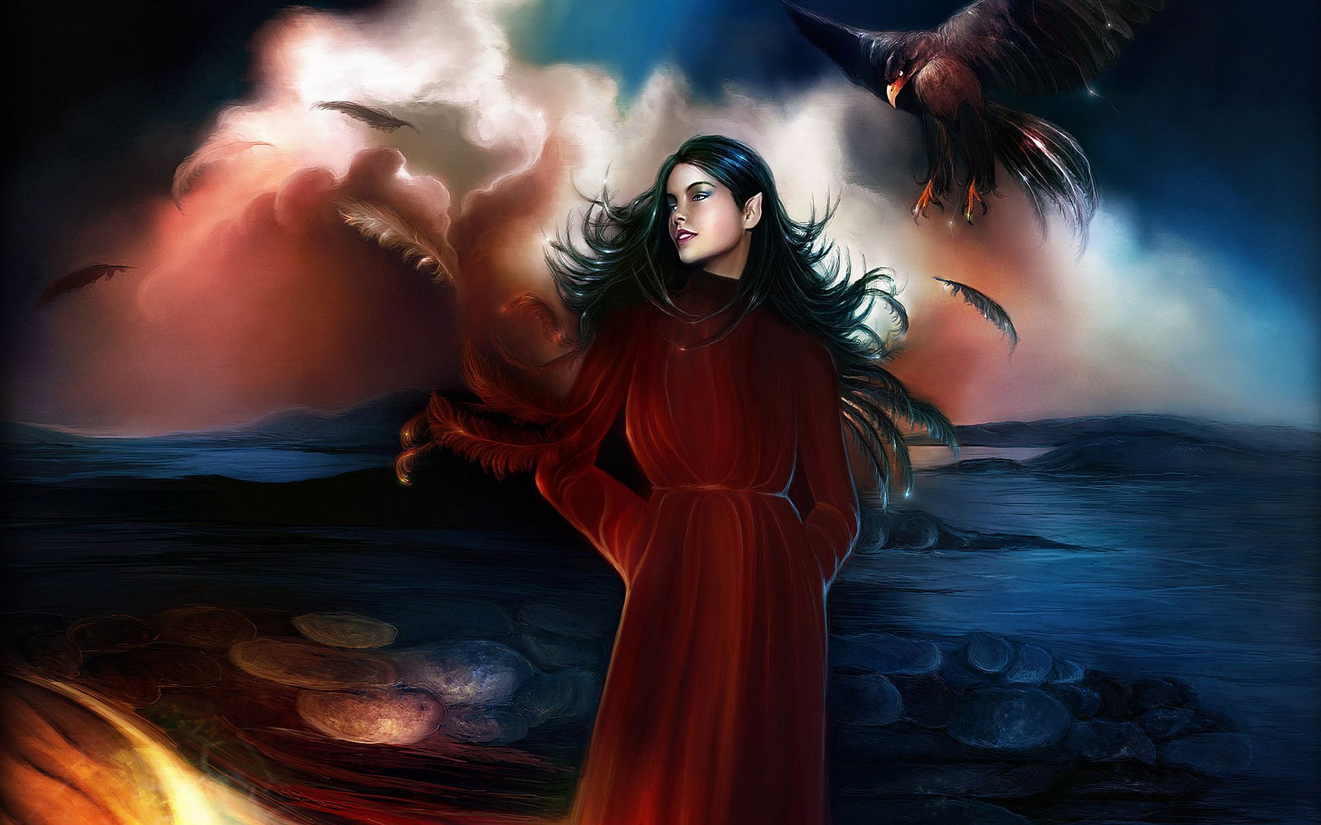 Elven Enigma: HD Wallpaper of a Raven and Mystical Beauty