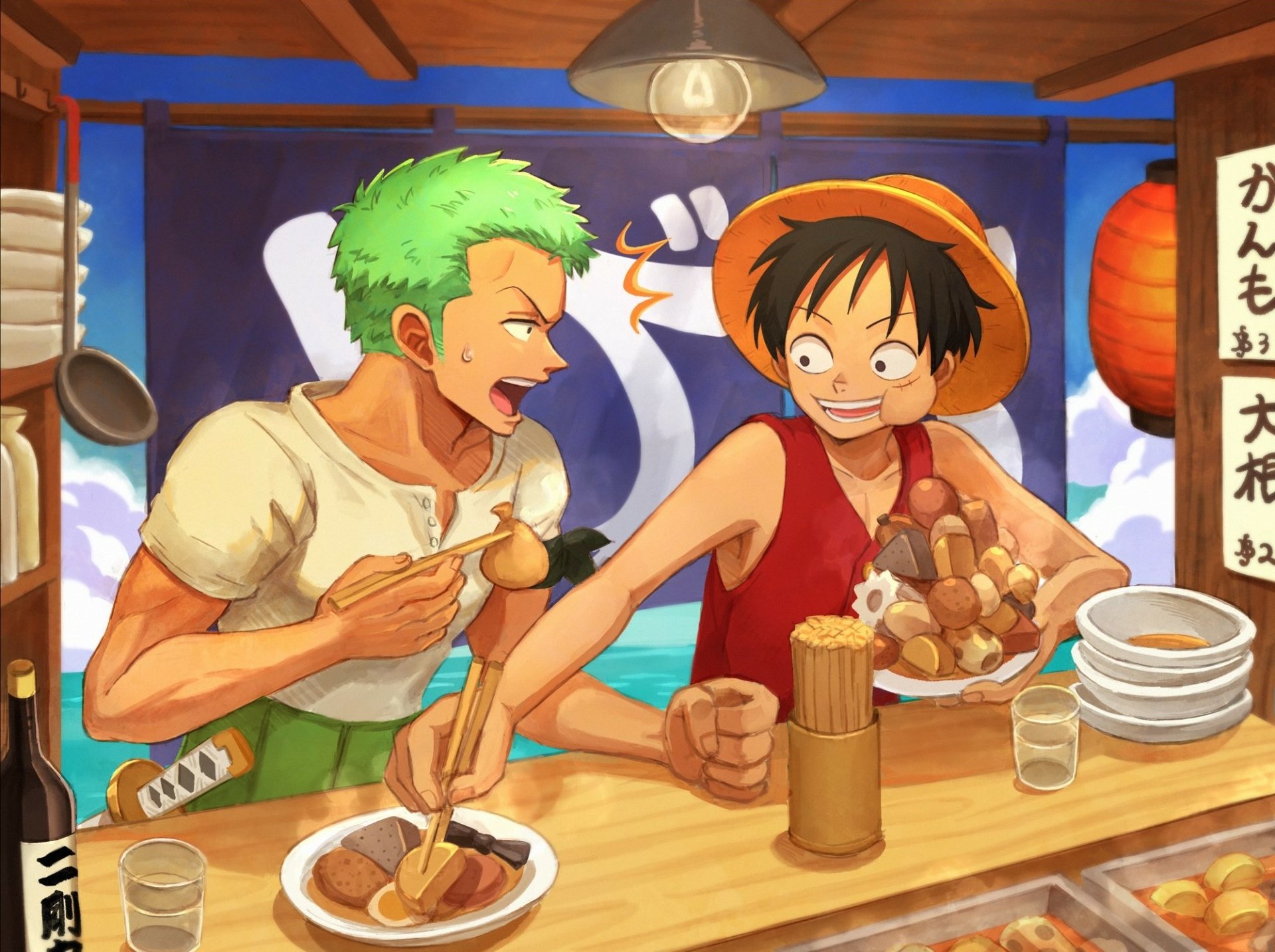 One Piece HD: Luffy & Zoro's Ramen Showdown by CHAKE | 2000x1494 ...