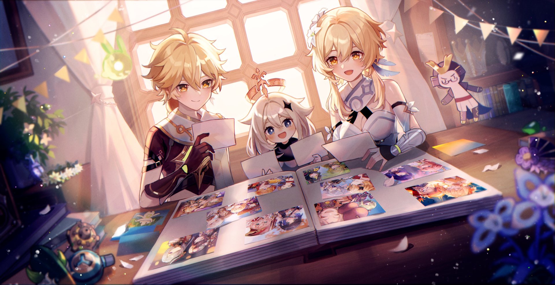 Genshin Impact HD: Aether & Lumine’s Heartwarming Family Moment Wallpaper