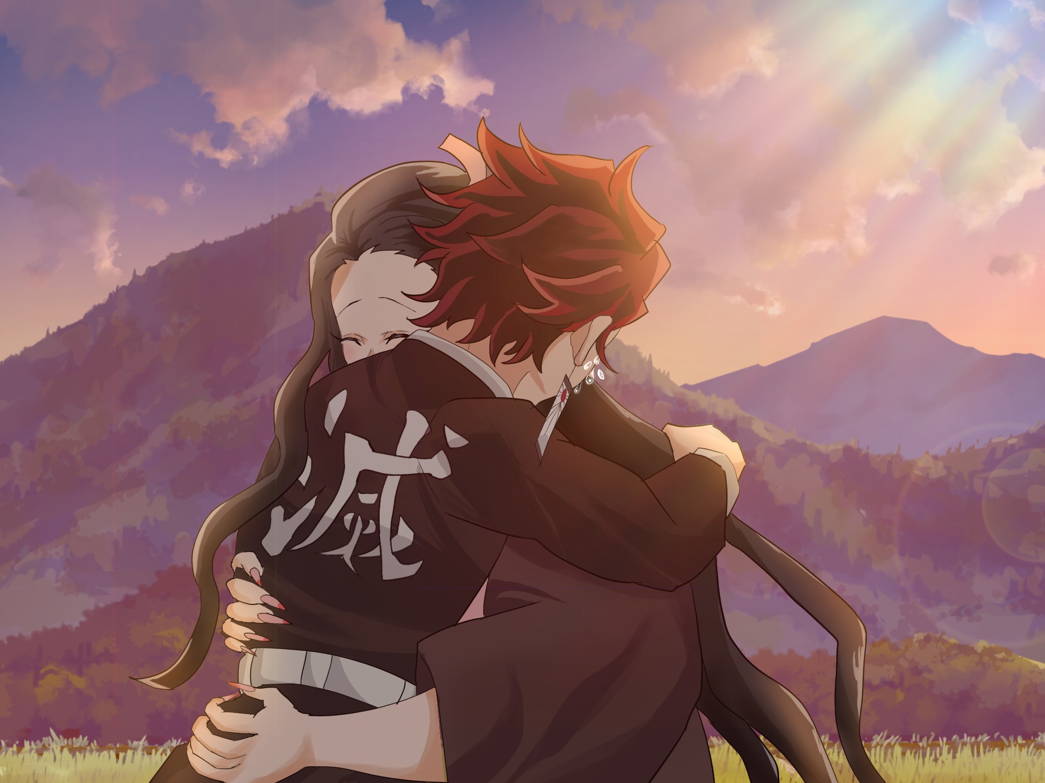 Tanjiro Nezuko Embrace Demon Slayer HD Anime Wallpaper By Tanjiro Nezuko Embrace Demon Slayer HD Anime Wallpaper By