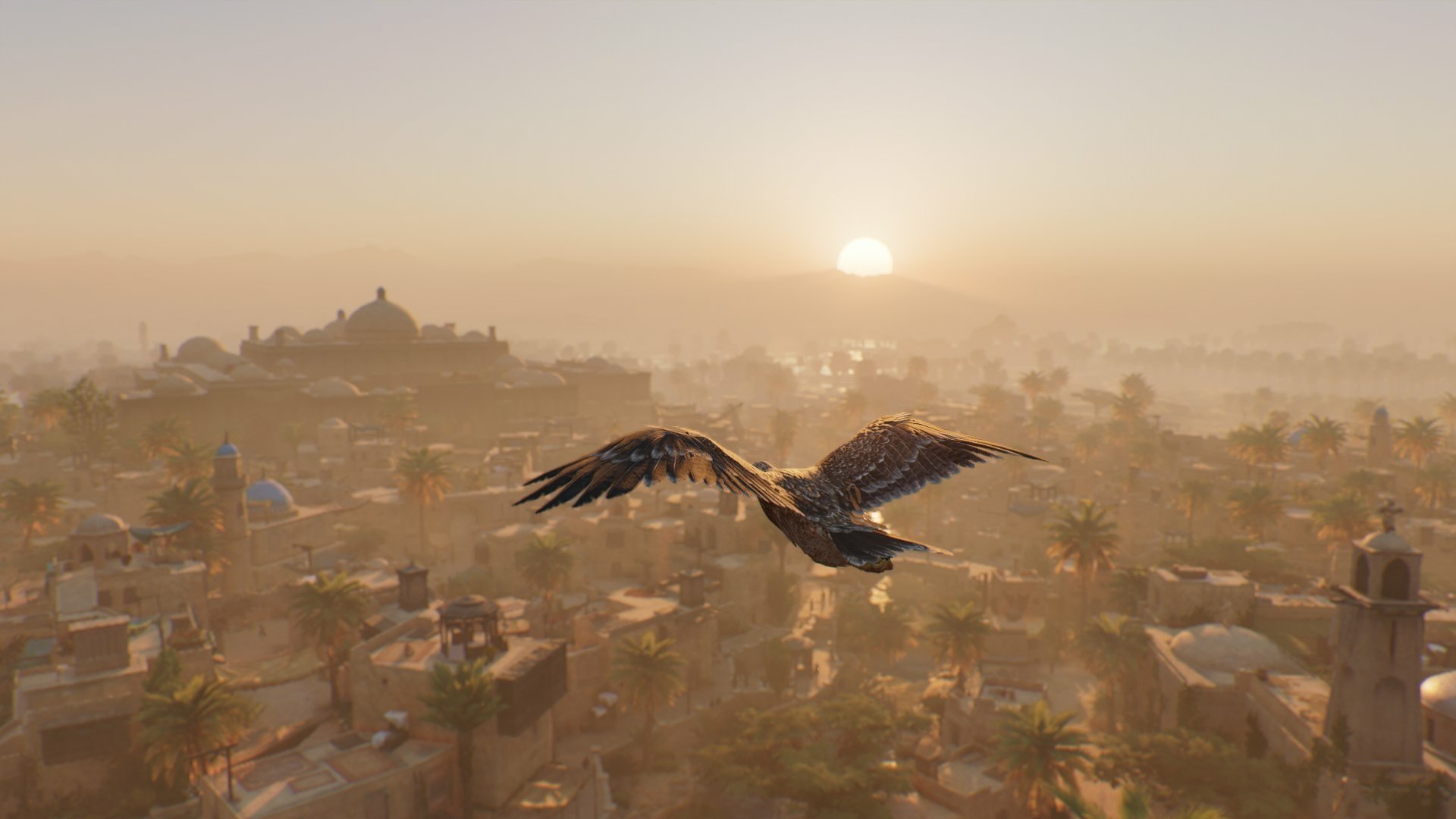 Assassin's Creed Mirage HD Wallpaper - Eagle Over City at Sunrise