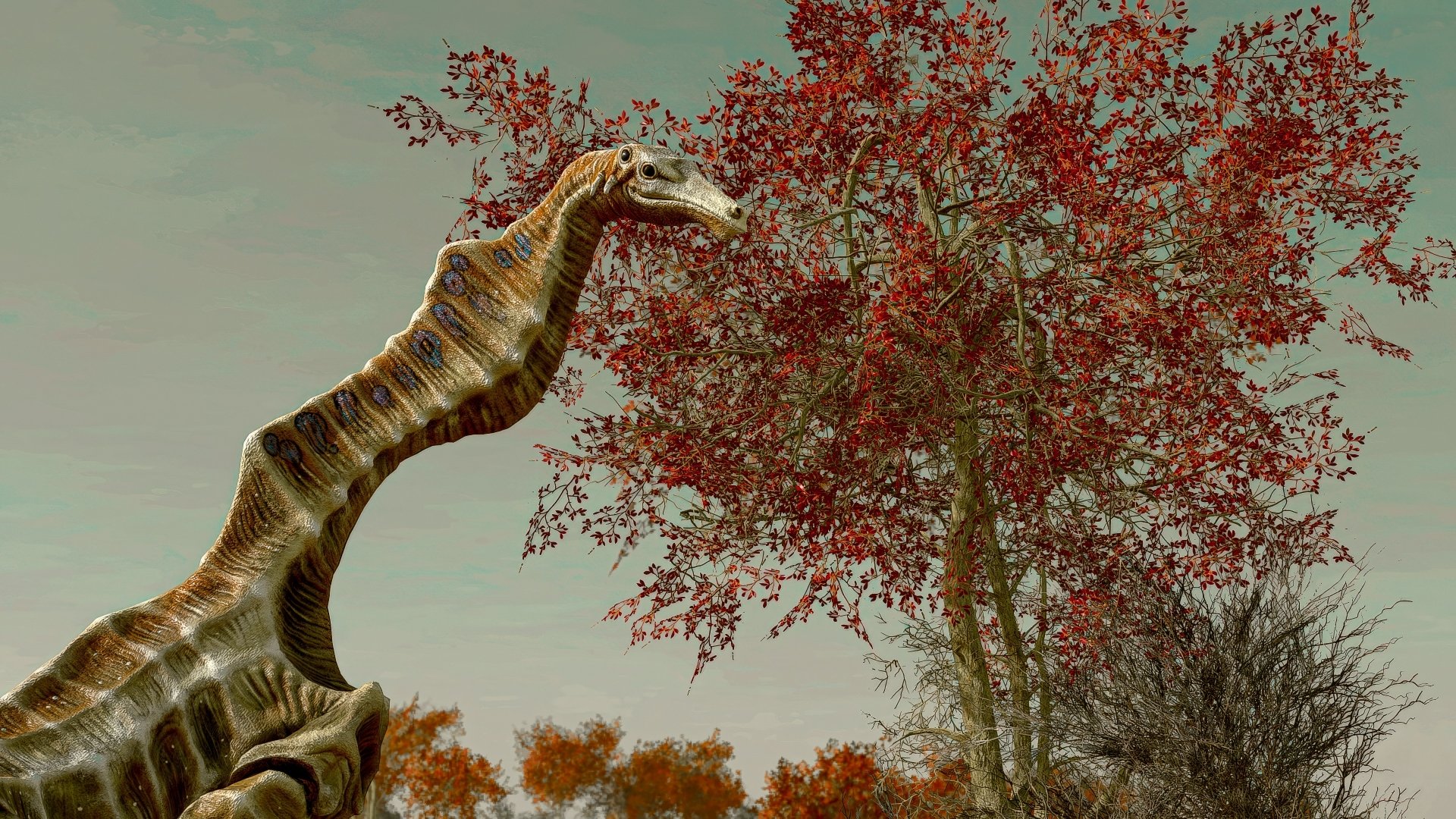 Autumn Dinosaur Encounter HD Wallpaper