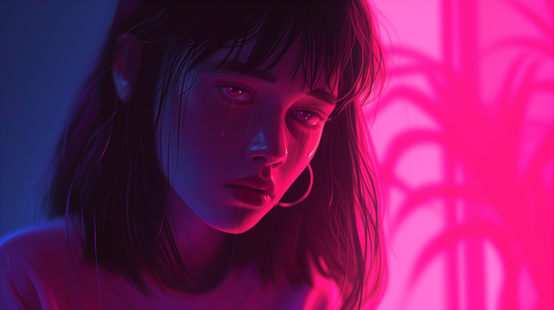 Melancholic Lofi Girl in Neon - HD Wallpaper by robokoboto