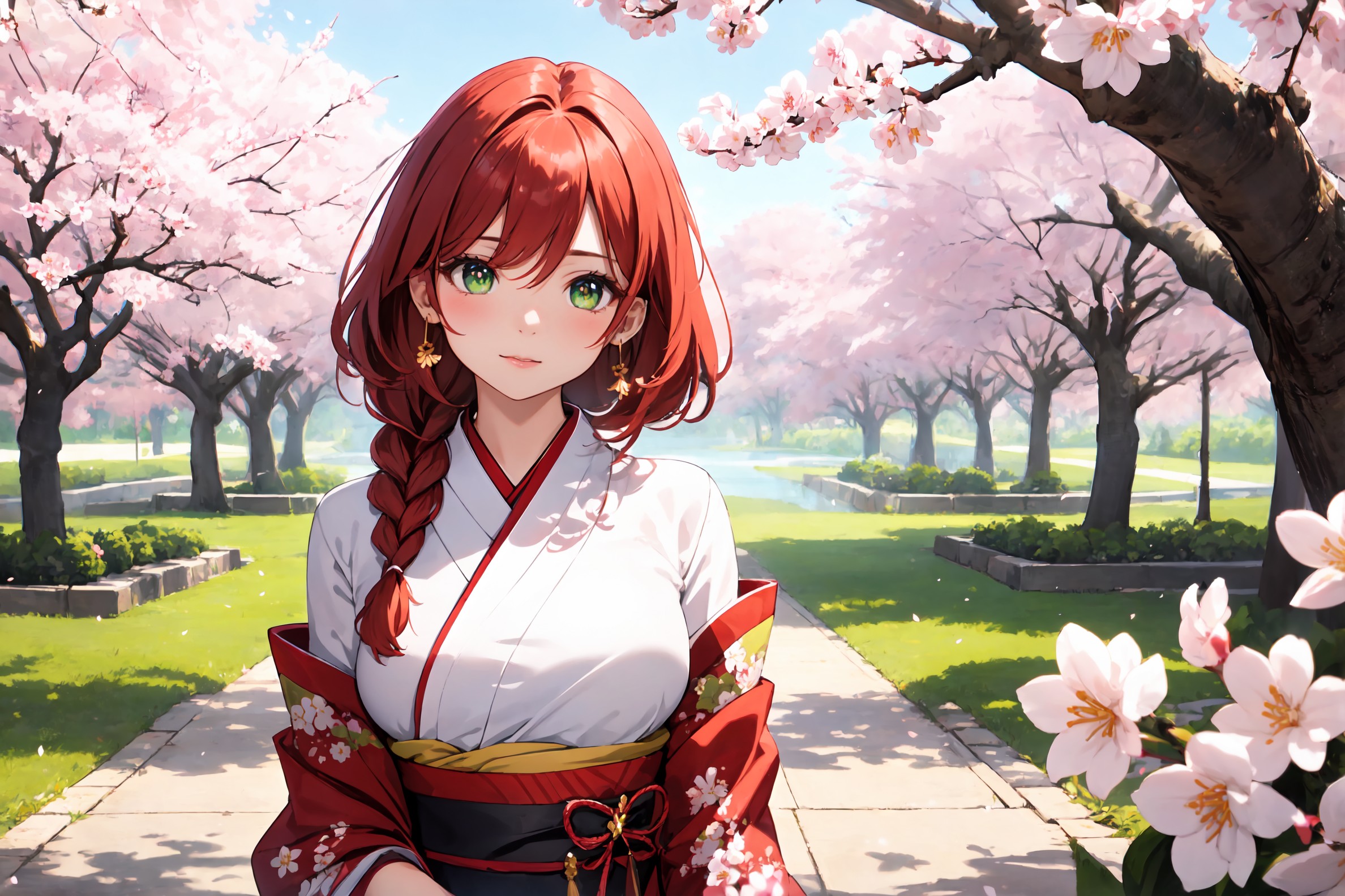 A girl in a serene cherry blossom park by kitsuraya