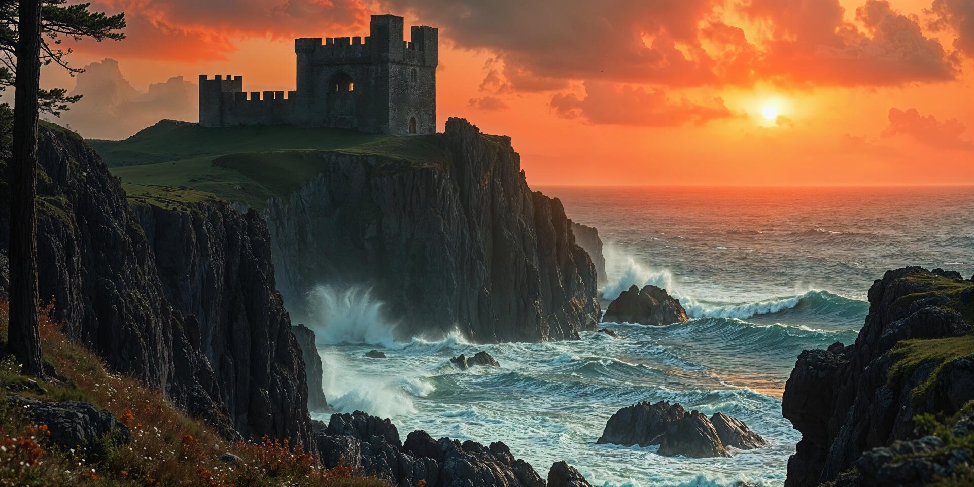 Sunset Majesty: Coastal Castle HD Landscape Wallpaper